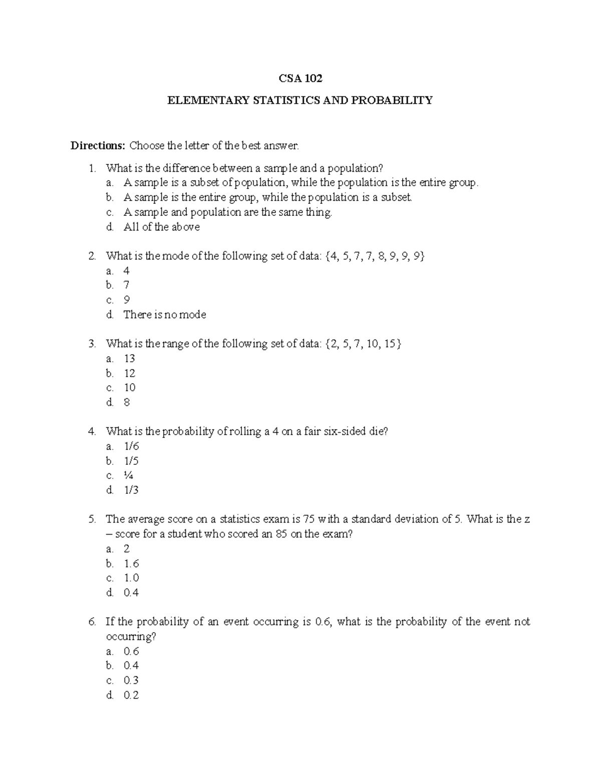 ELEM. STAT AND PROB WITH Answer KEY - CSA 102 ELEMENTARY STATISTICS AND ...