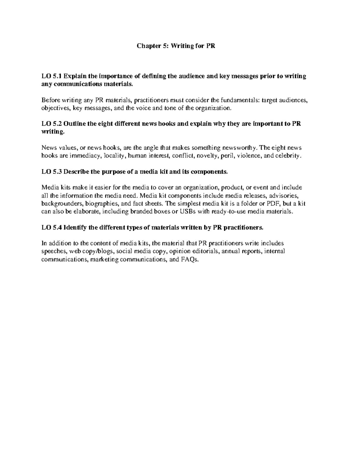 PRLN 1150 chapter 5 lecture note - Chapter 5: Writing for PR LO 5 ...