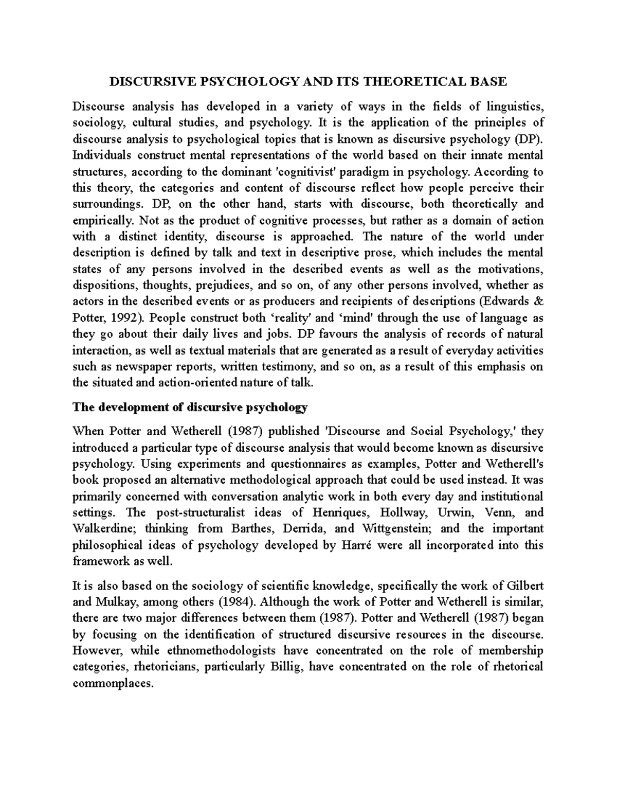 Discursive Psychology AND ITS Theoretical BASE - DISCURSIVE PSYCHOLOGY ...