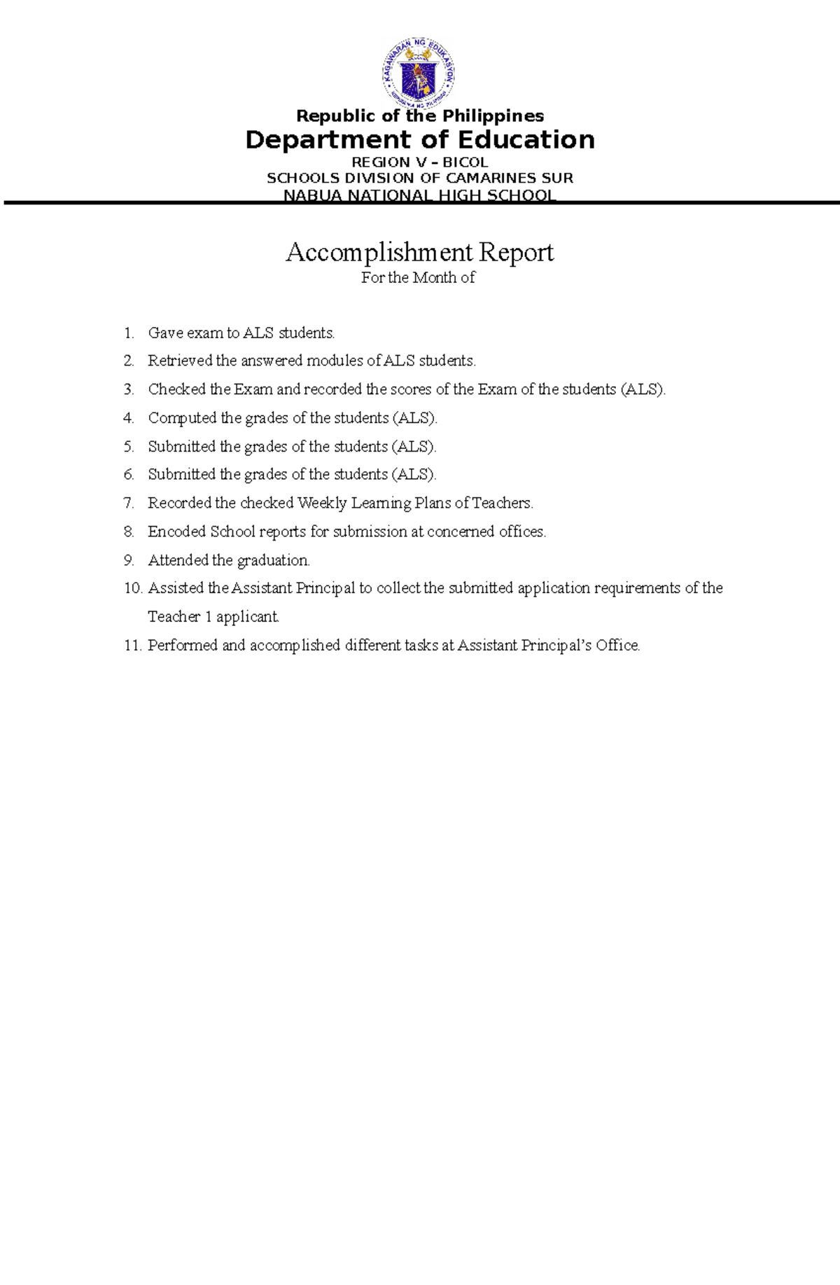 Accomplishment report - Republic of the Philippines Department of ...