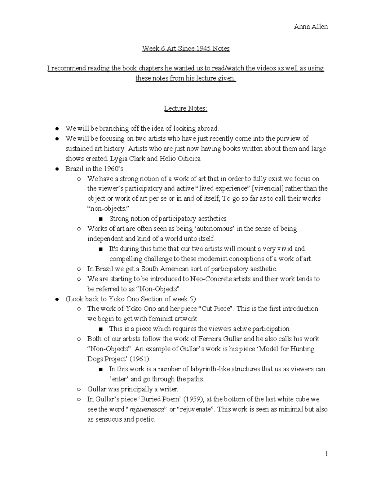 Week 6 - week 6 lecture - Week 6 Art Since 1945 Notes I recommend ...