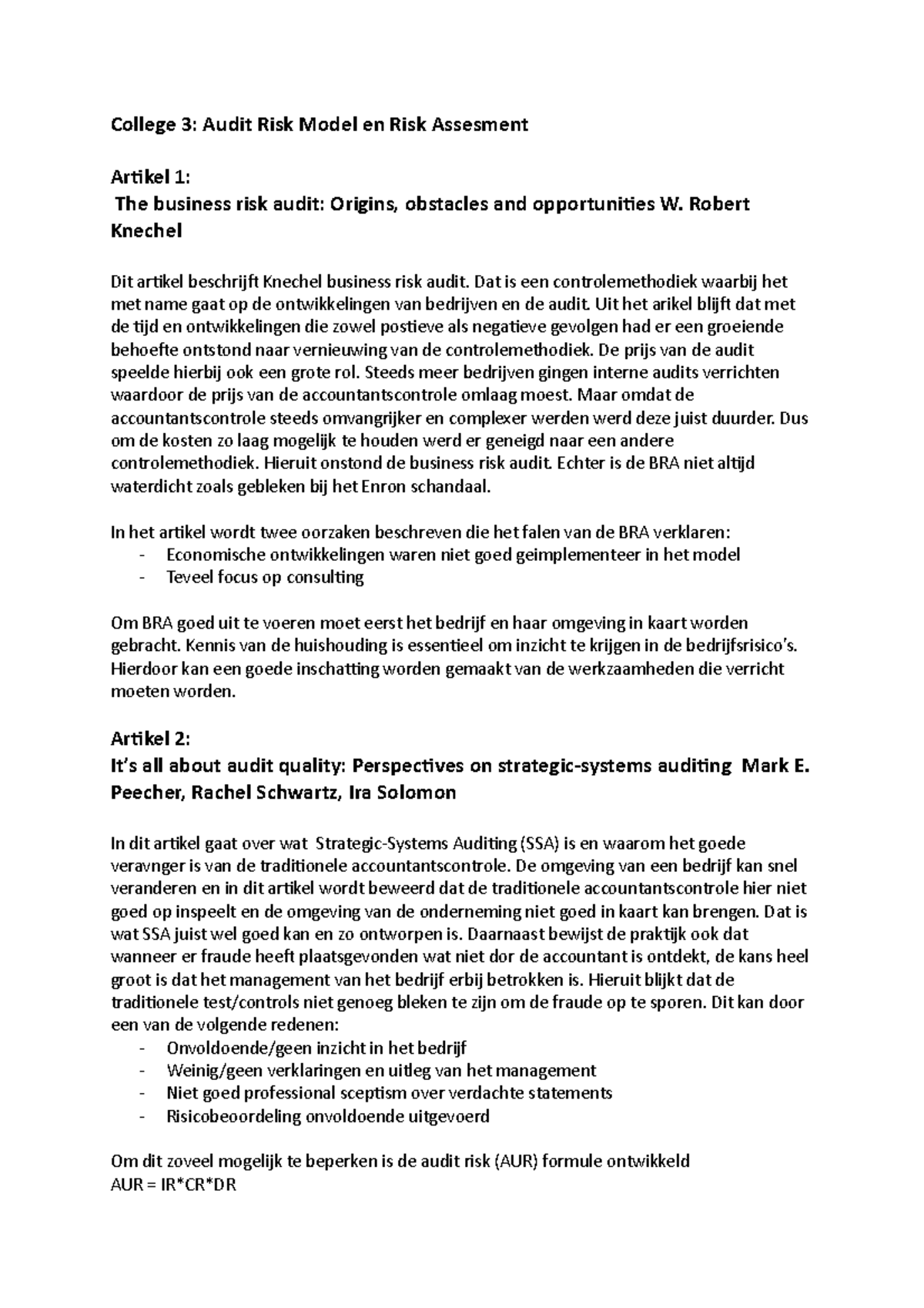 Auditing theory college 3 - College 3: Audit Risk Model en Risk ...