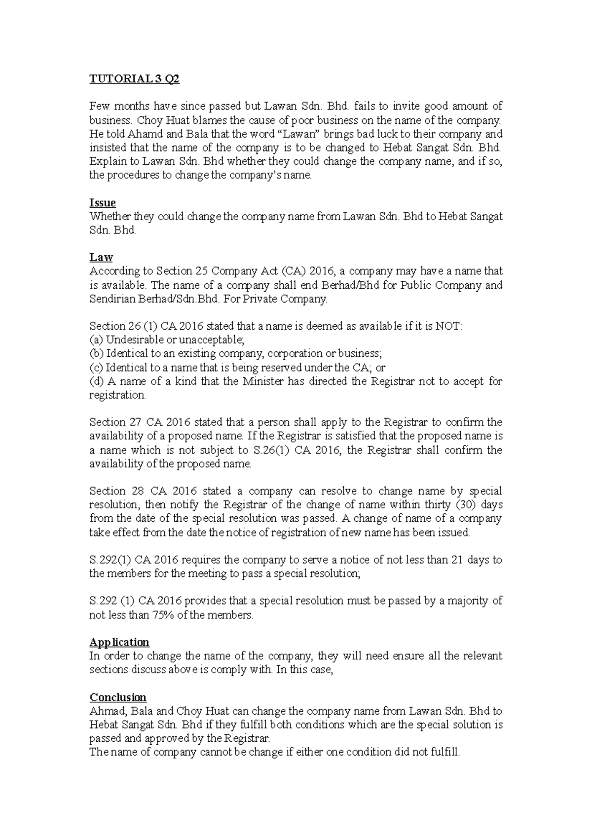 BBBL3014 Tutorial 3 Malaysian Corporate Law Question 2 - TUTORIAL 3 Q ...
