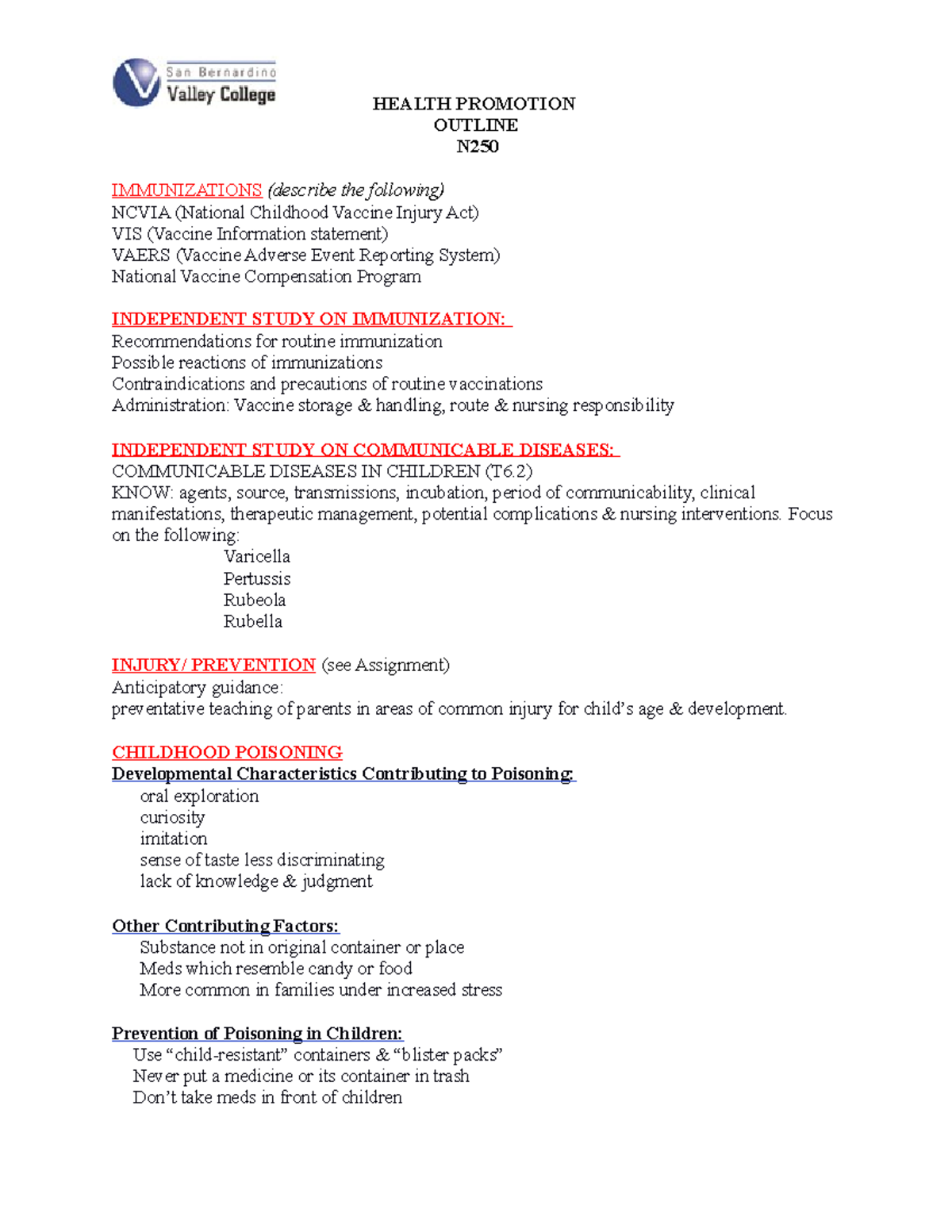 HLTH Promo Outline - HEALTH PROMOTION OUTLINE N IMMUNIZATIONS (describe ...