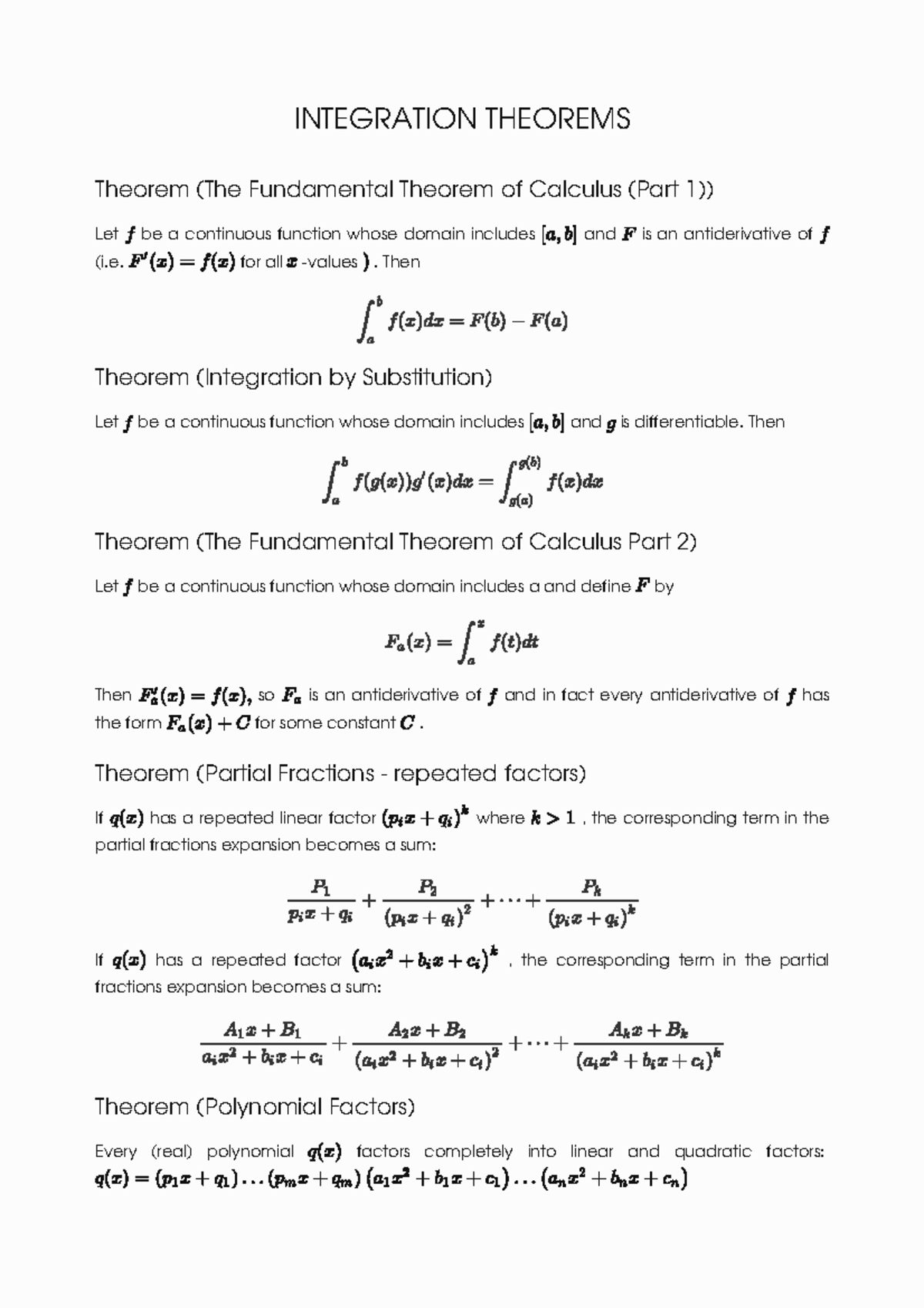 Integration Theorems - INTEGRATION THEOREMS Theorem (The Fundamental ...
