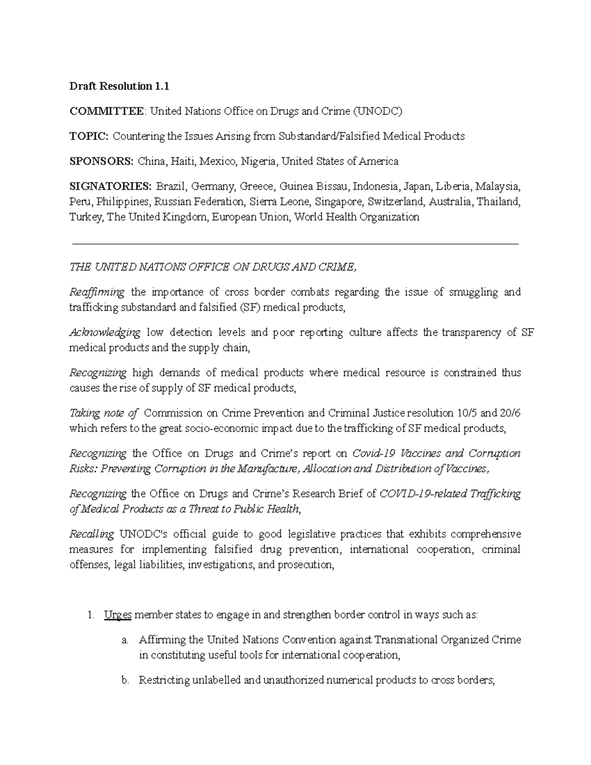 Draft Resolution 1 of the course - Draft Resolution 1. COMMITTEE ...