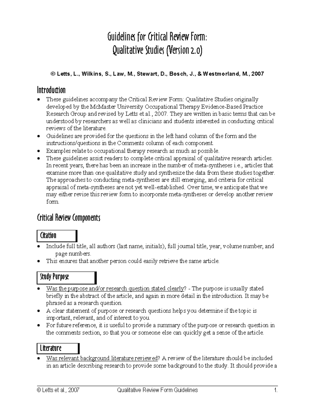 Mc Master Qual guidelines version 2.0 - Guidelines for Critical Review ...
