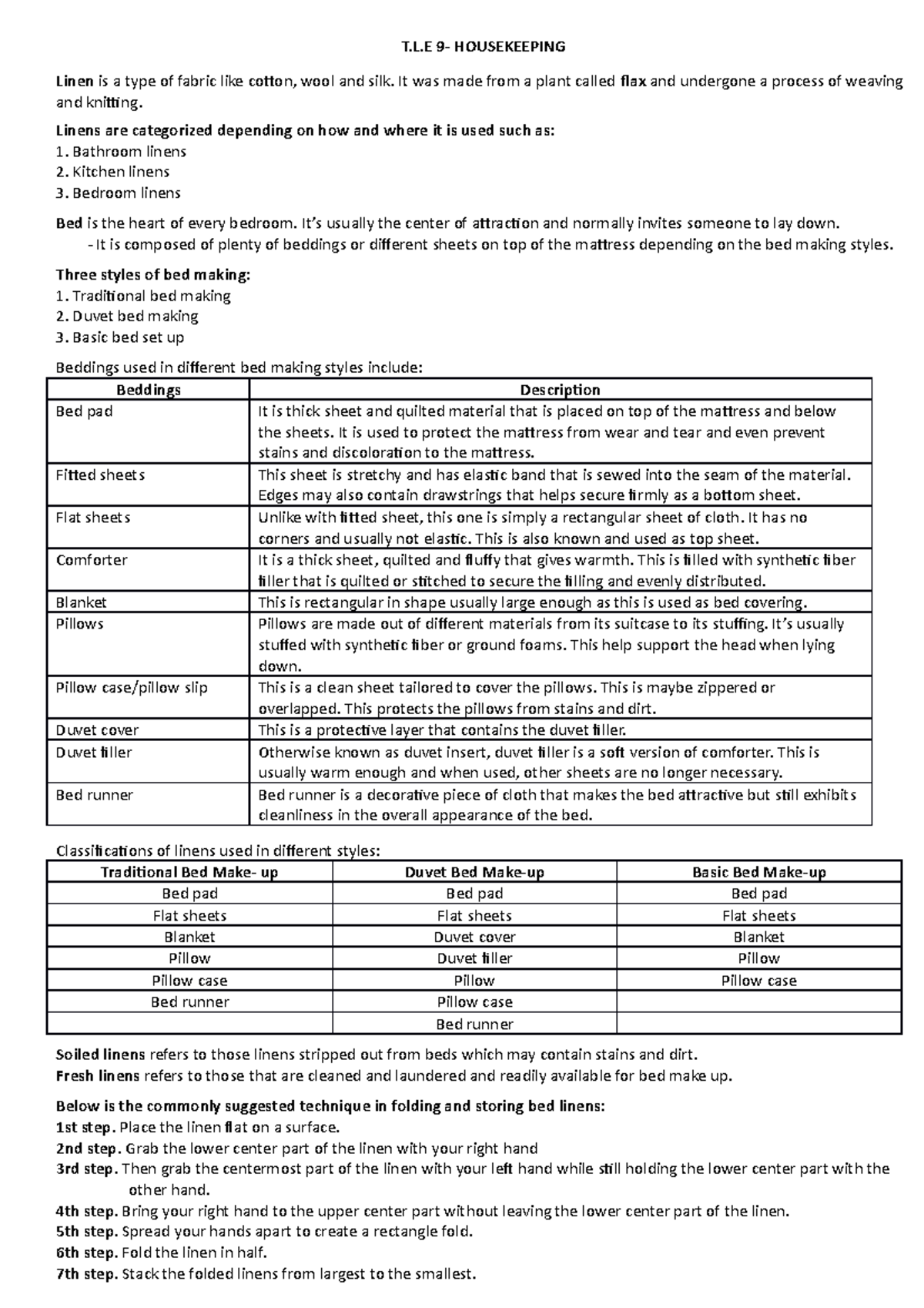 TLE 9 2nd quarter notes - for reference - T.L 9- HOUSEKEEPING Linen is ...