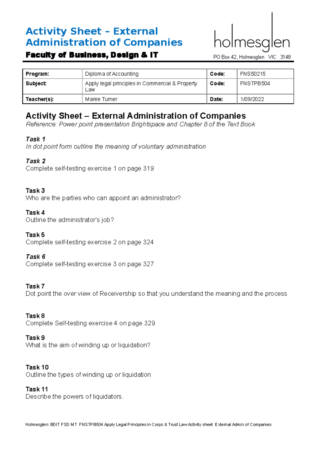 Activity Sheet External Administration of Companies - Activity Sheet ...
