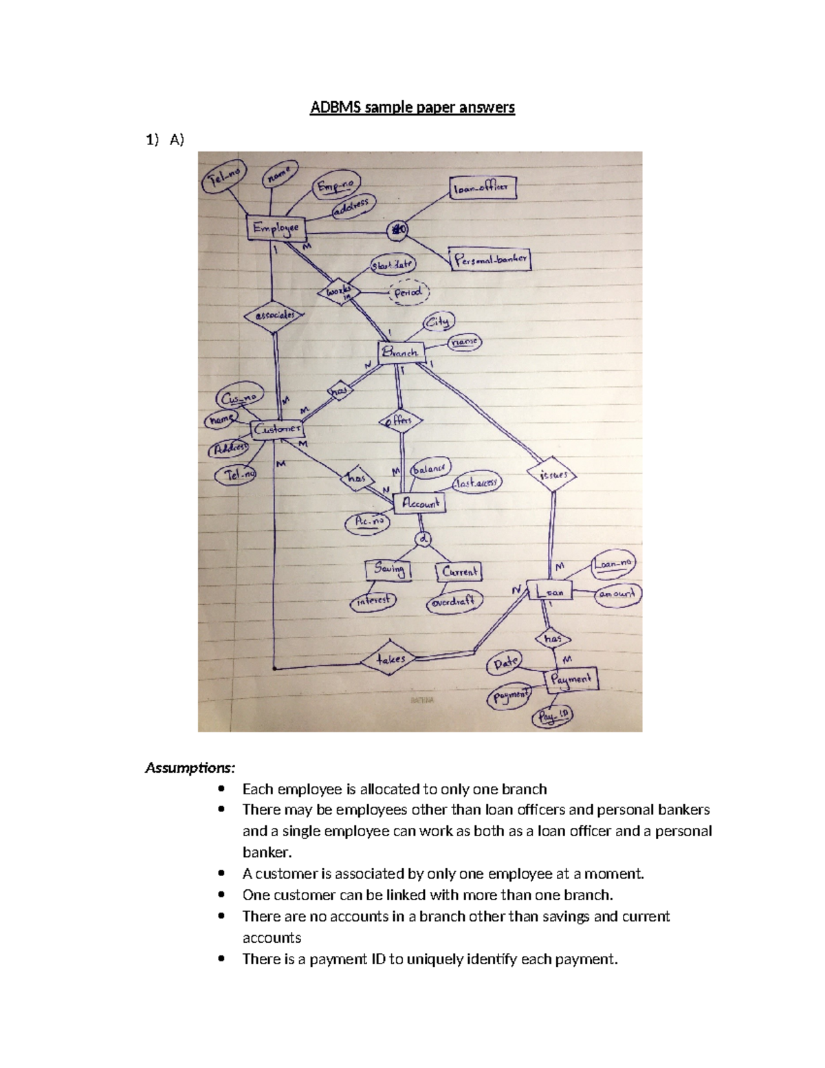 Adbms Model paper answers - ADBMS sample paper answers A) Assumptions: Each employee is ...