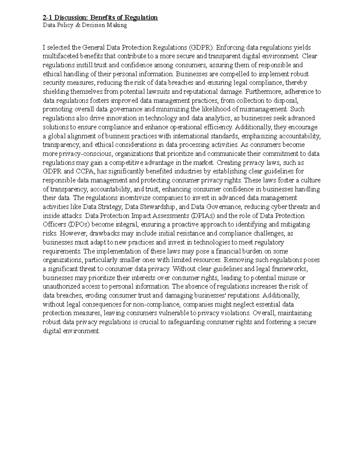 2-1 Discussion - Benefits of Regulation - 2-1 Discussion: Benefits of ...