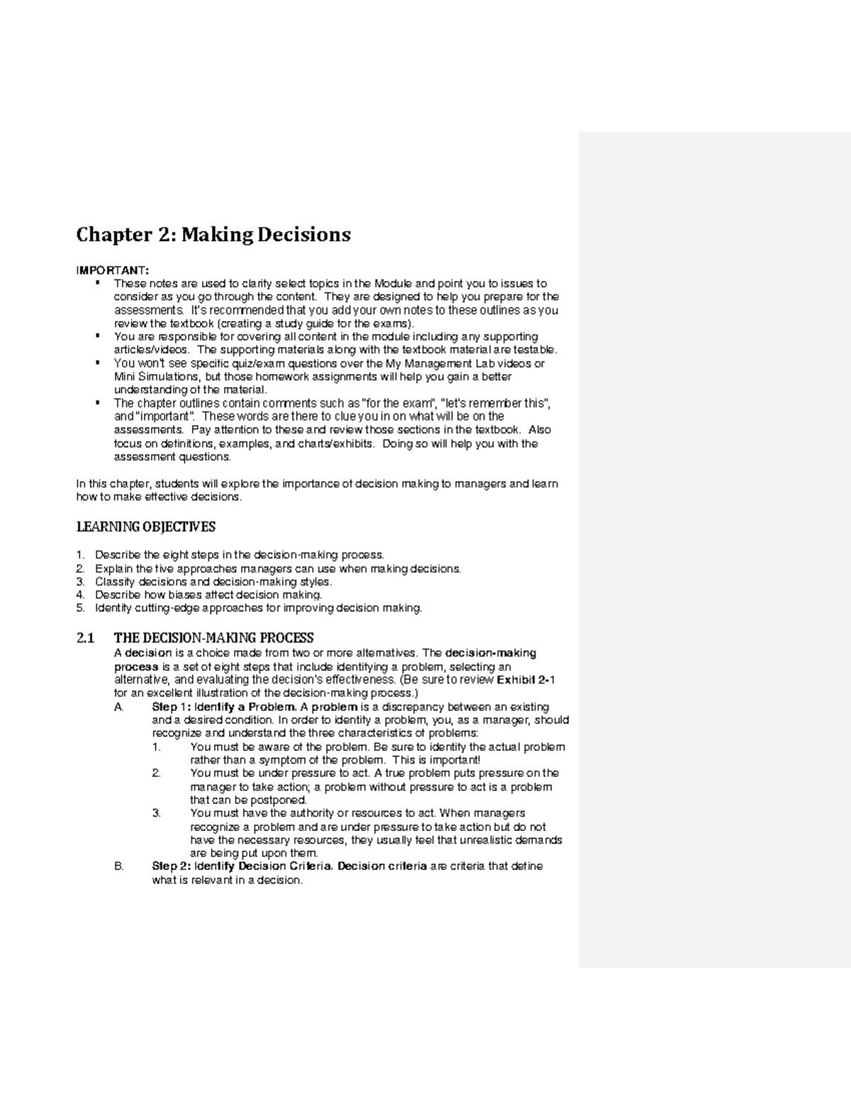 CH 2 Outline 15th ed - Lecture Notes - Chapter 2: Making Decisions ...