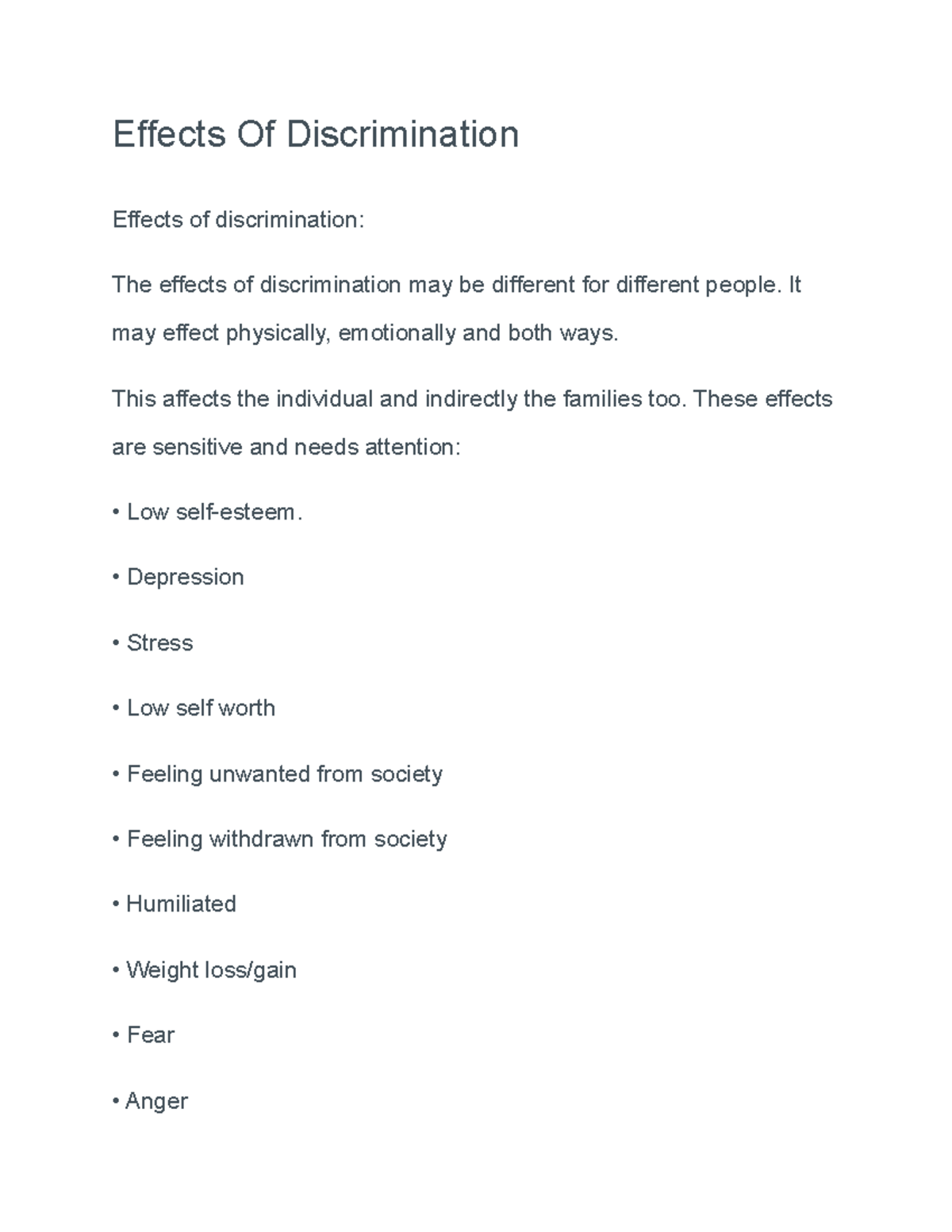 Effects Of Discrimination - Effects Of Discrimination Effects of ...