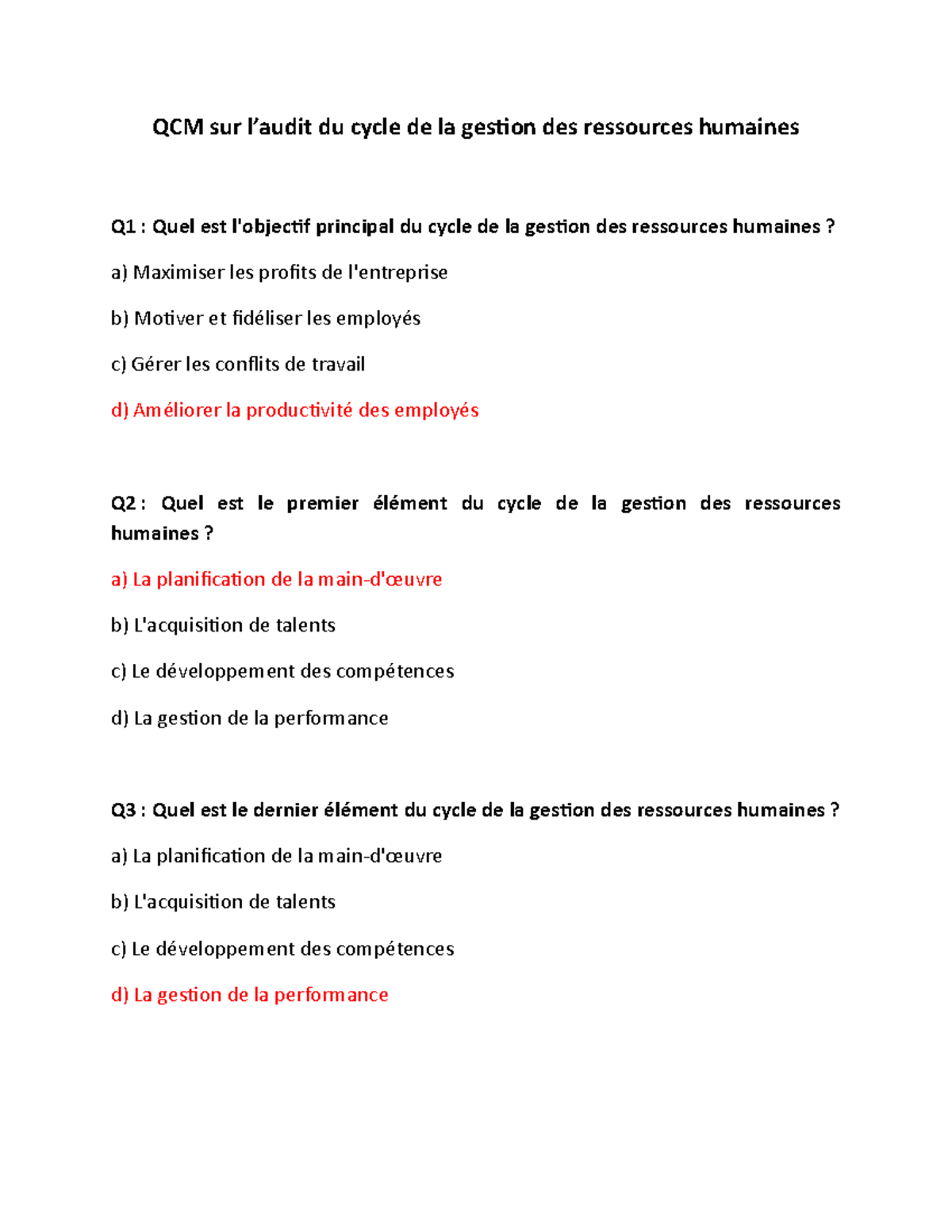 QCM sur l'audit du cycle de la gestion des ressources humaines - Studocu