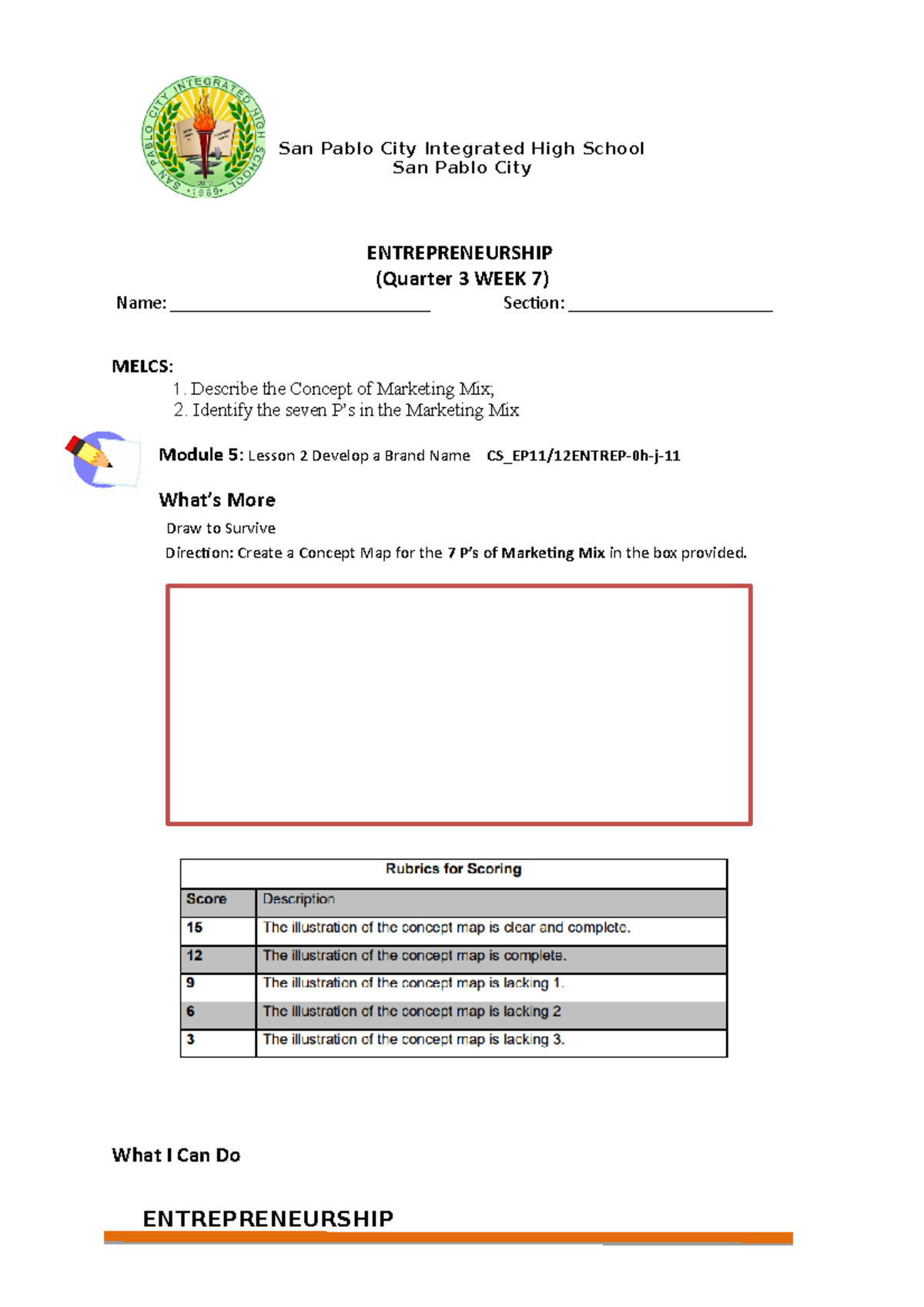 Entrep Activity Sheet WEEK 7 - San Pablo City ENTREPRENEURSHIP (Quarter ...