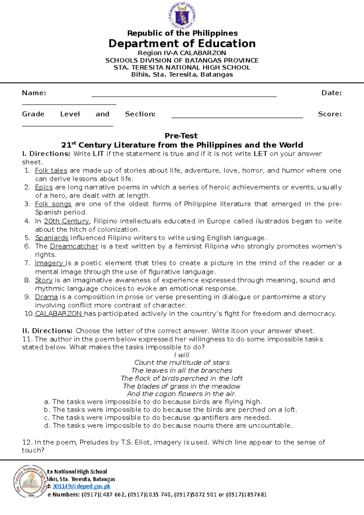 Pre-TEst-Examination-in-21st Century - Department of Education Region ...