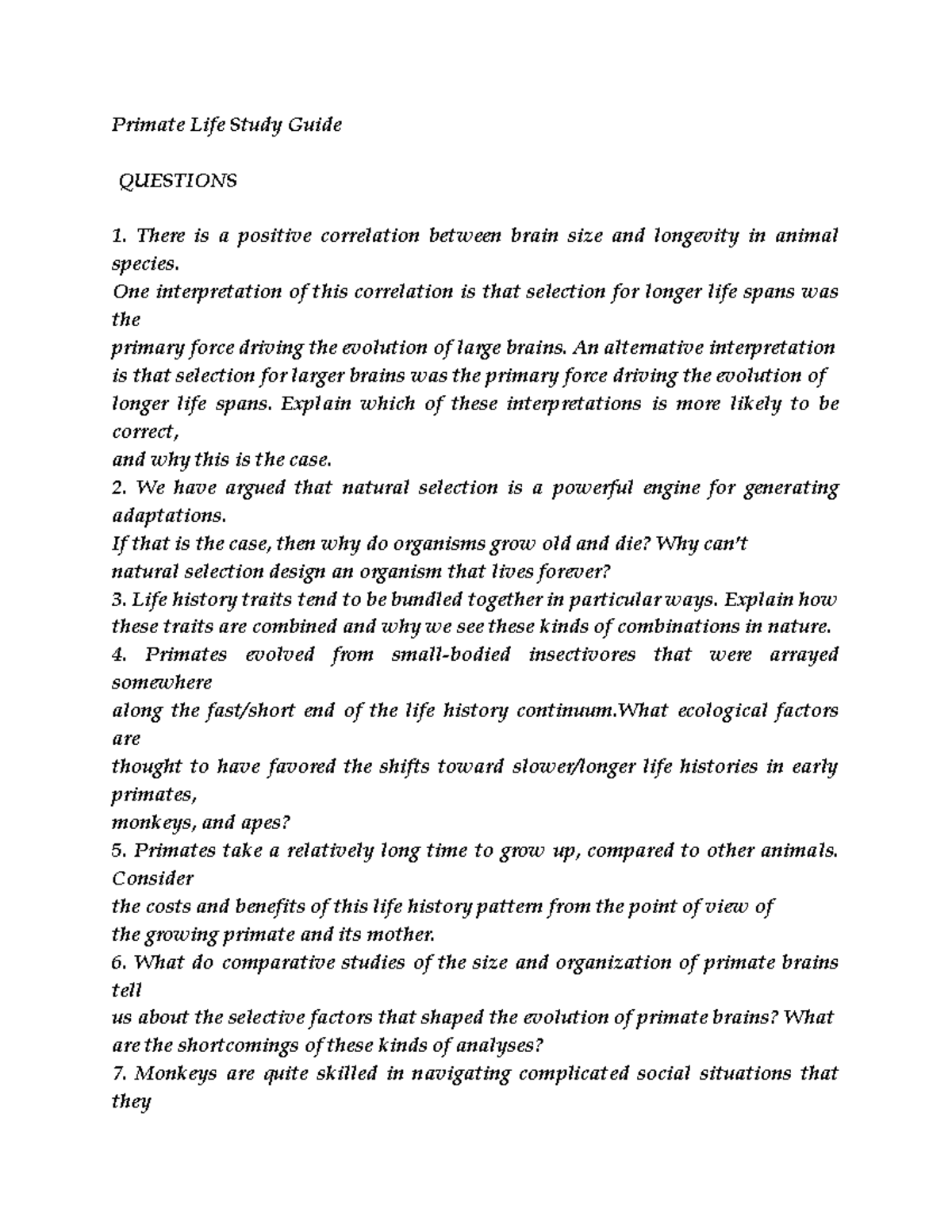 Primate Life Study Guide - Primate Life Study Guide QUESTIONS There is ...