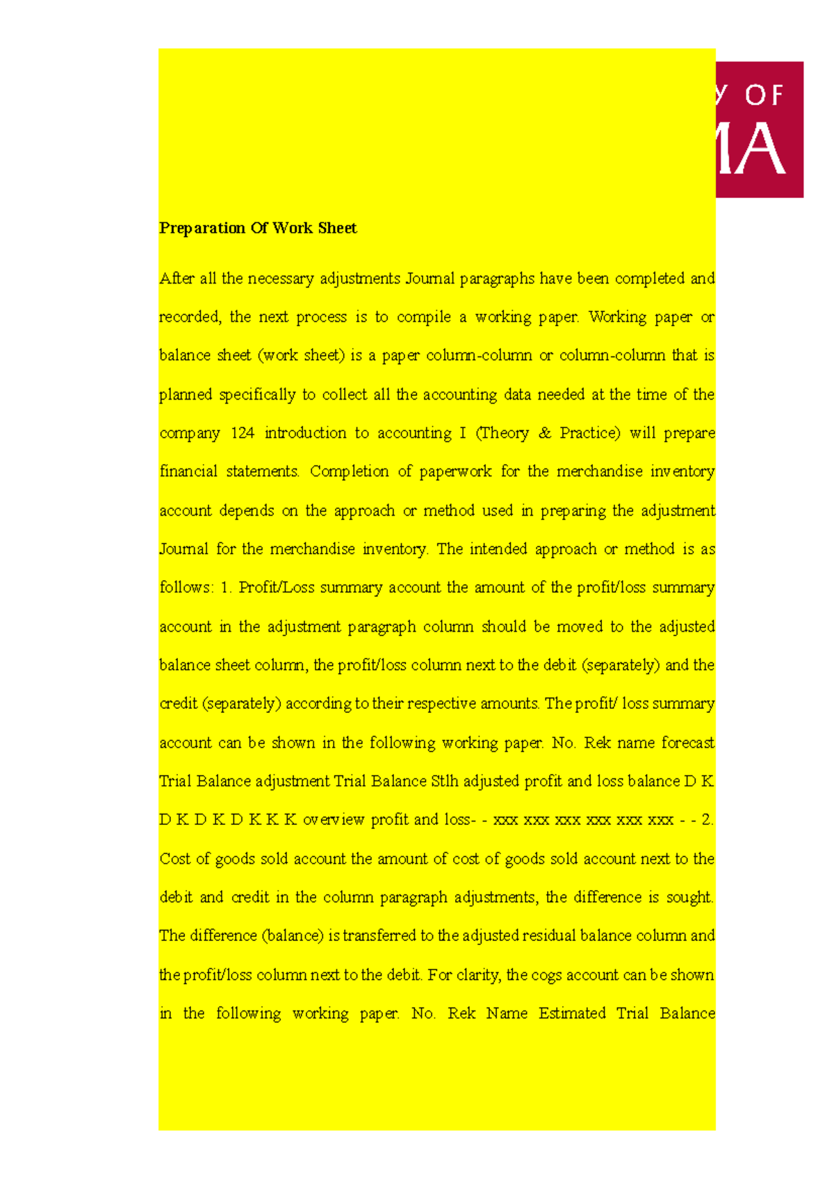 Study Documents Accounting - Preparation Of Work Sheet - Preparation Of ...