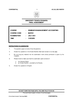 2018 12 Final Exam Solution - seminar management accounting - UiTM ...