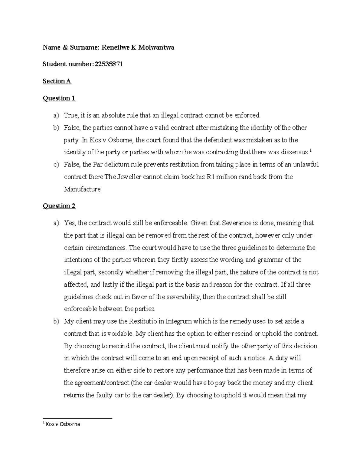 Law of Contract Semester test - Name & Surname: Reneilwe K Molwantwa ...