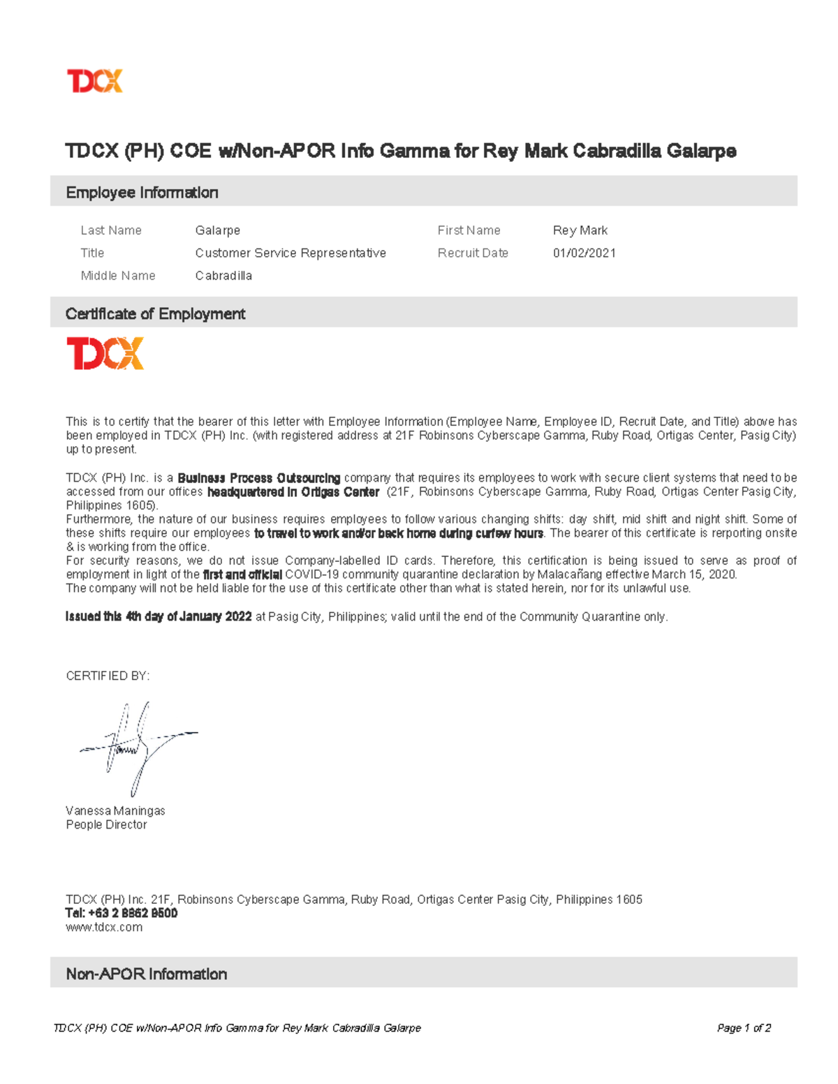 TDCX (PH) COE w Non-APOR Info Gamma for Rey Mark Cabradilla Galarpe-964092 - TDCX (PH) COE - Studocu