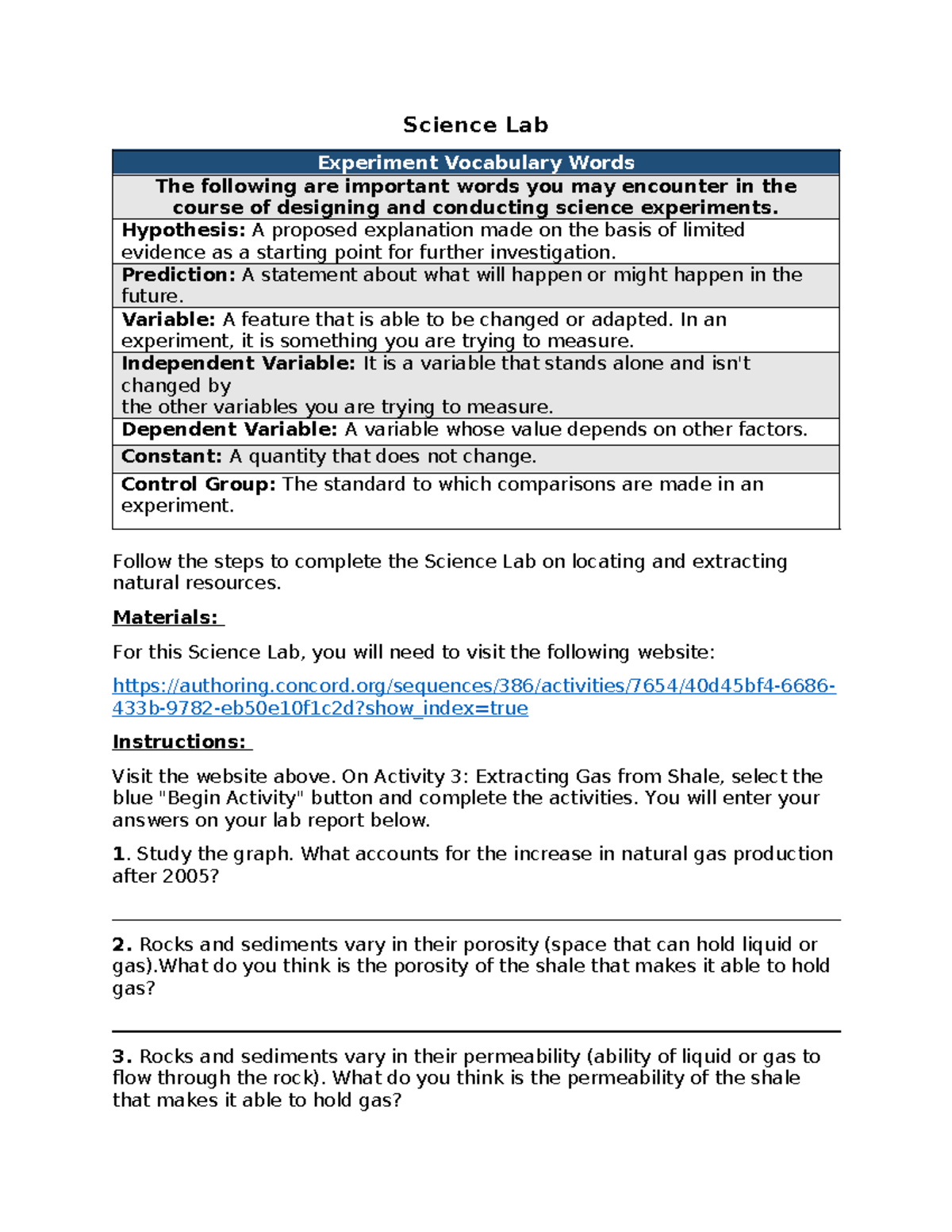 Natural Resource Lab - Science Lab Experiment Vocabulary Words The ...