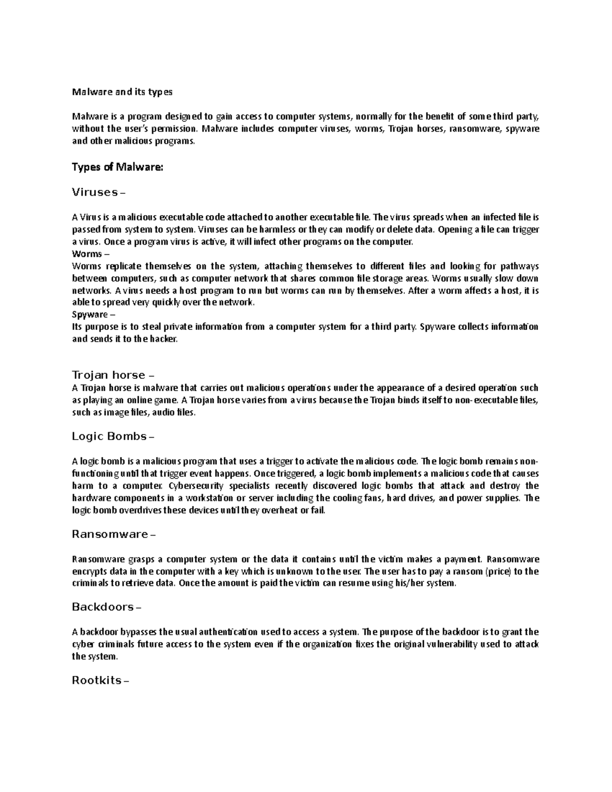 Malware and Types - Malware and its types Malware is a program designed ...