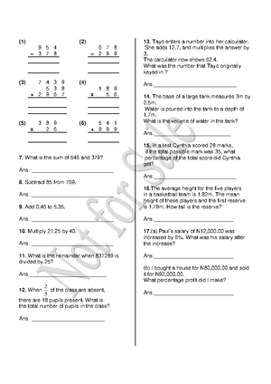 Mathematics - EMPLACE COLLEGE JSS1 Entrance Exam Practice Questions ...