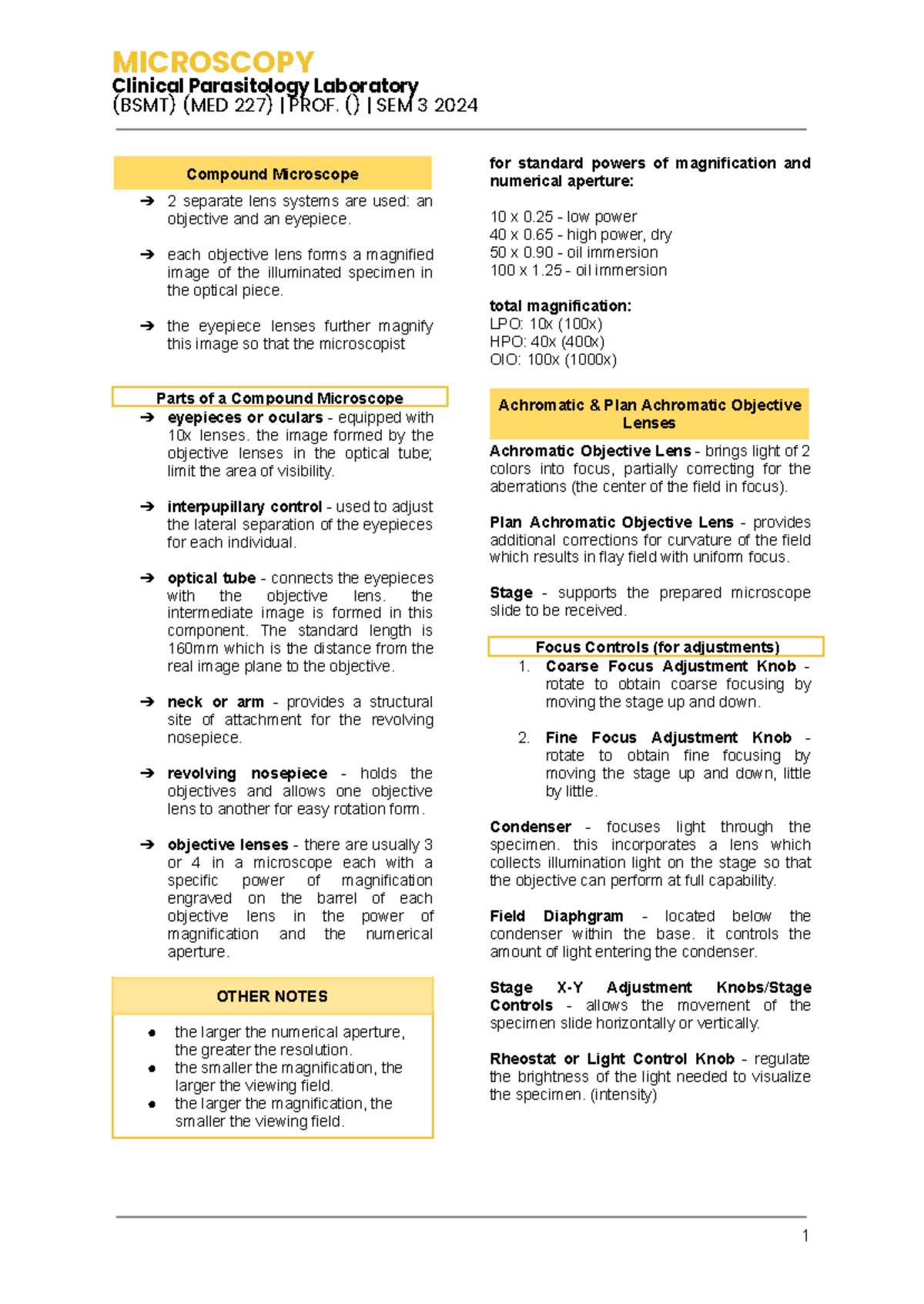 Clinical Parasitology Laboratory Lesson 1 - MICROSCOPY Clinical ...