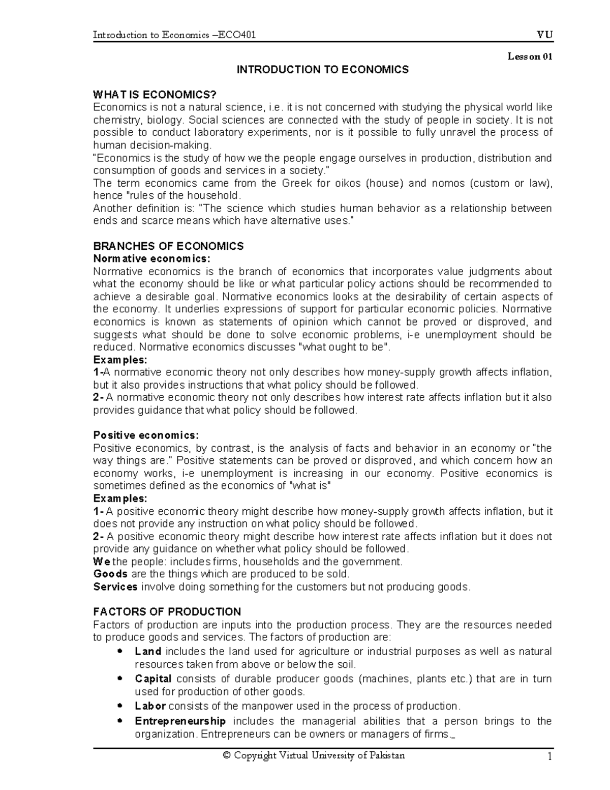Lesson 01 - Introduction to Economics –ECO401 VU Lesson 01 INTRODUCTION TO ECONOMICS WHAT IS ...