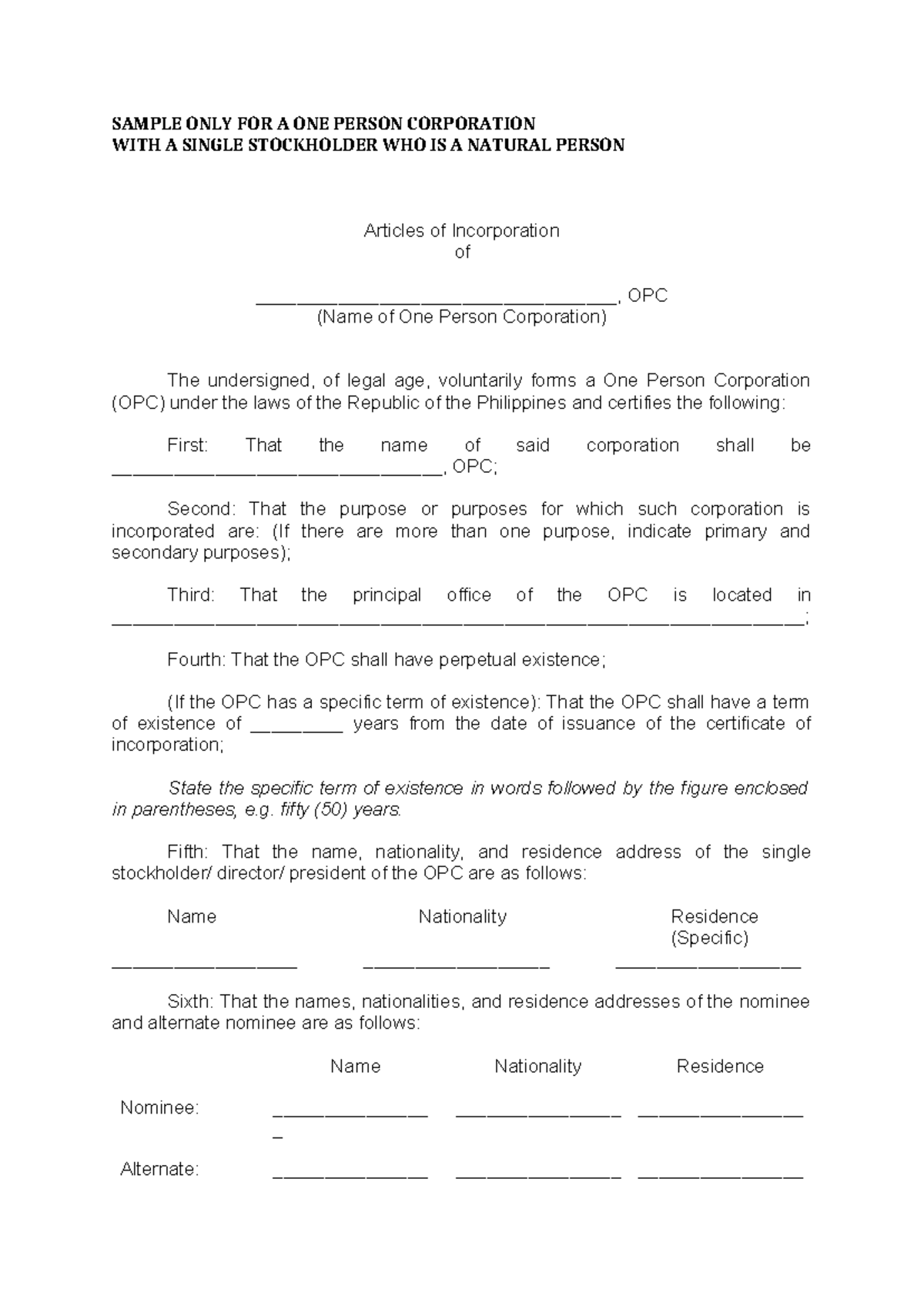 2019 Articles of Incorporation Natural Person OPC - SAMPLE ONLY FOR A ...