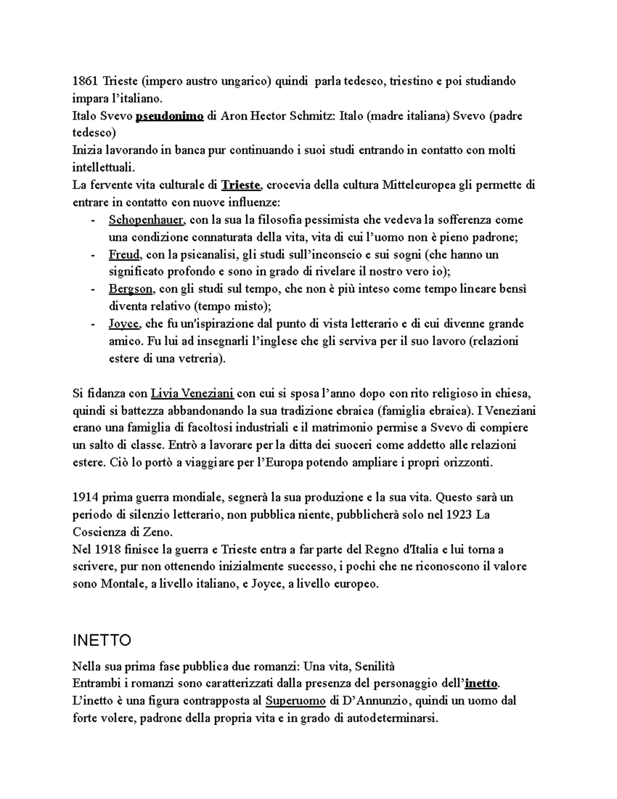 Svevo e Pirandello: concetti chiave, opere e idee - 1861 Trieste (impero austro ungarico) quindi ...