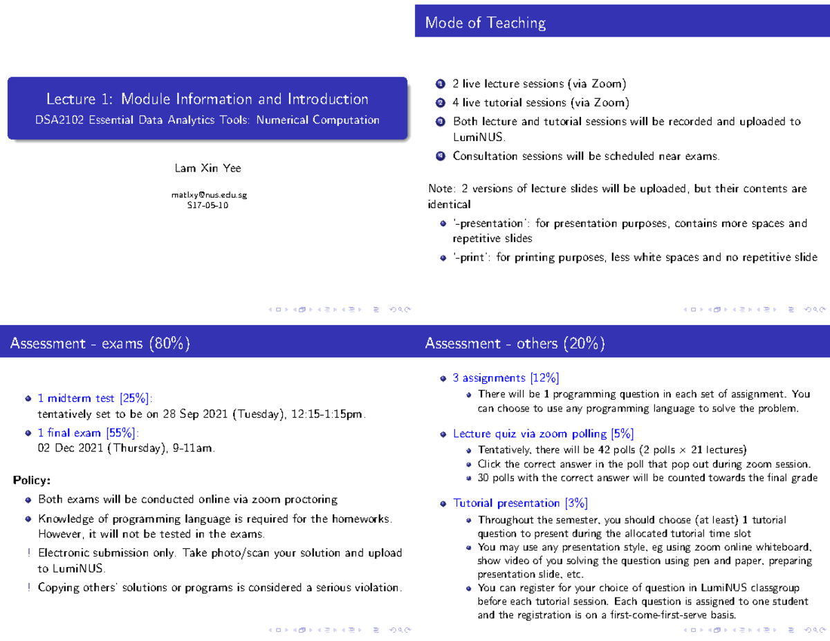 Lecture 1 Module Information And Introduction Dsa2102 Essential Data Analytics Tools Numerical