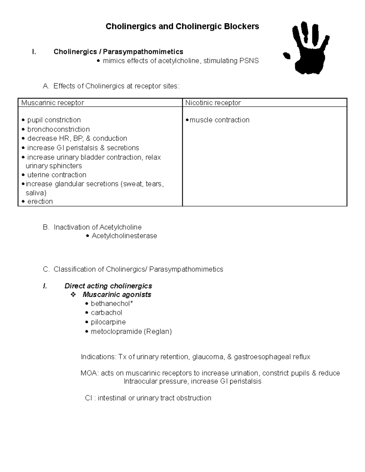 Sun 5 - Pharm notes - Cholinergics and Cholinergic Blockers I ...