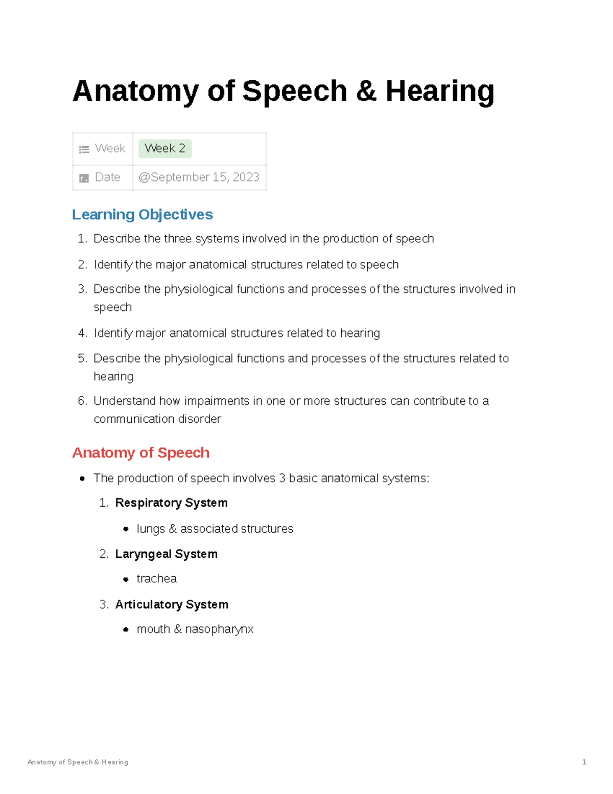 Lec 2 - Anatomy of Speech & Hearing - Anatomy of Speech & Hearing Week ...