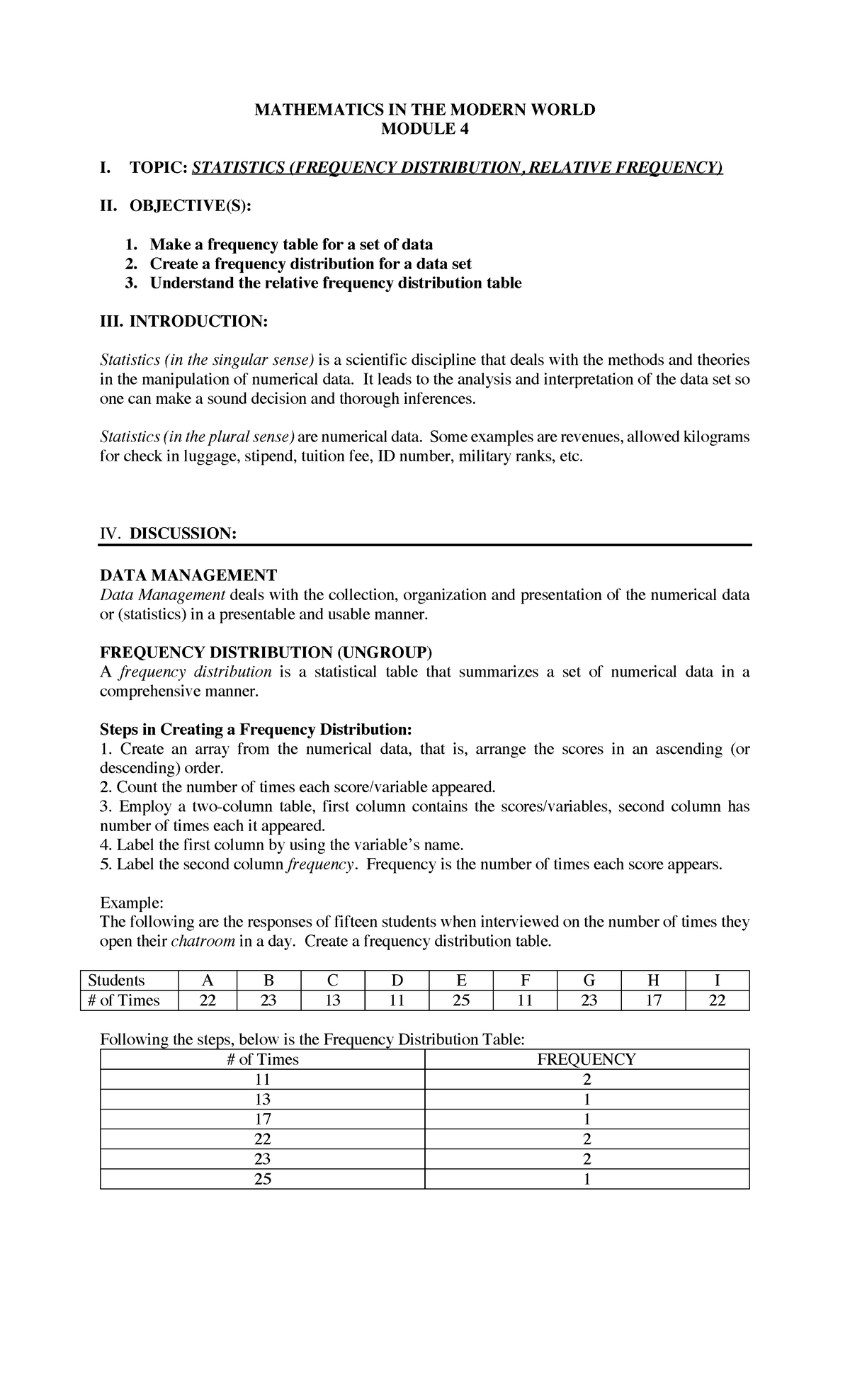MMW Module 4 - Statistics - Data Management - MATHEMATICS IN THE MODERN WORLD MODULE 4 I. TOPIC ...