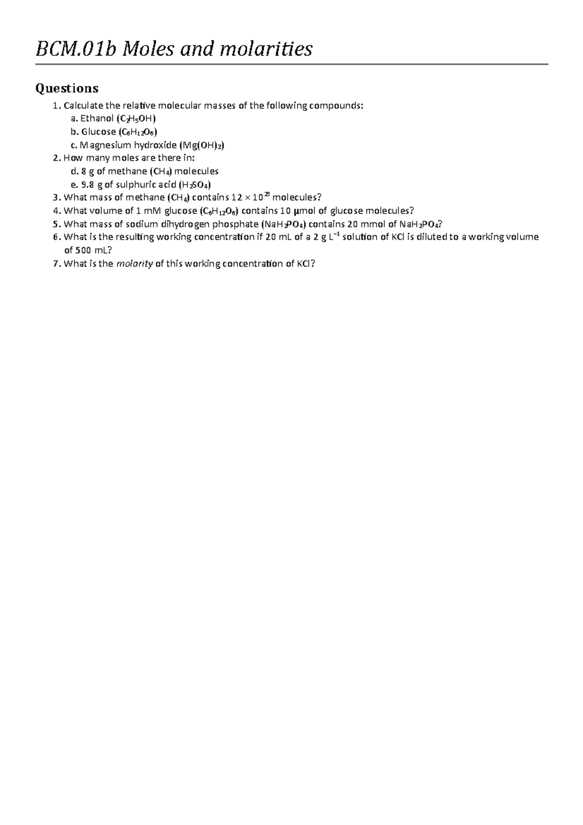 Practice worksheet on Atoms (part 2) - BCM Moles and molarities ...