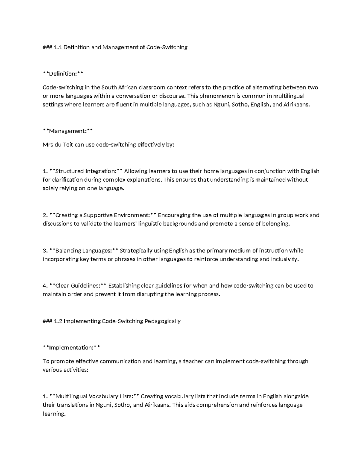 Cde3701 sample aswee - 1 Definition and Management of Code-Switching ...