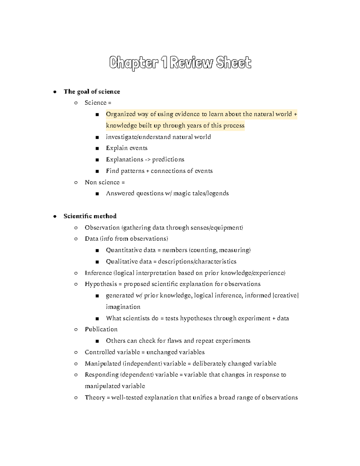 BIo Ch 1 Review - Chapter 1 Review Sheet The goal of science Science ...