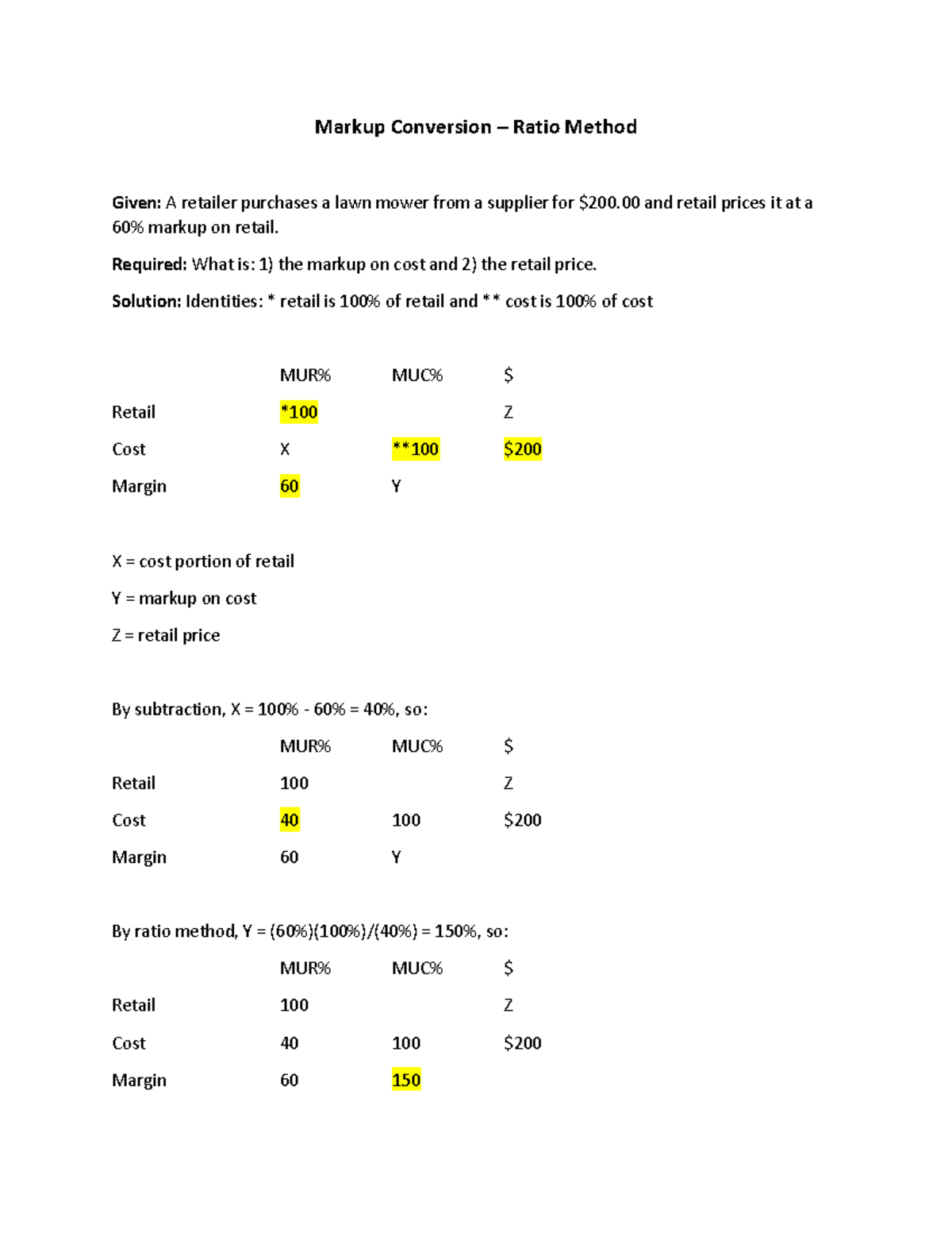 BUS - Assignment Paper - Markup Conversion – Ratio Method Given: A ...