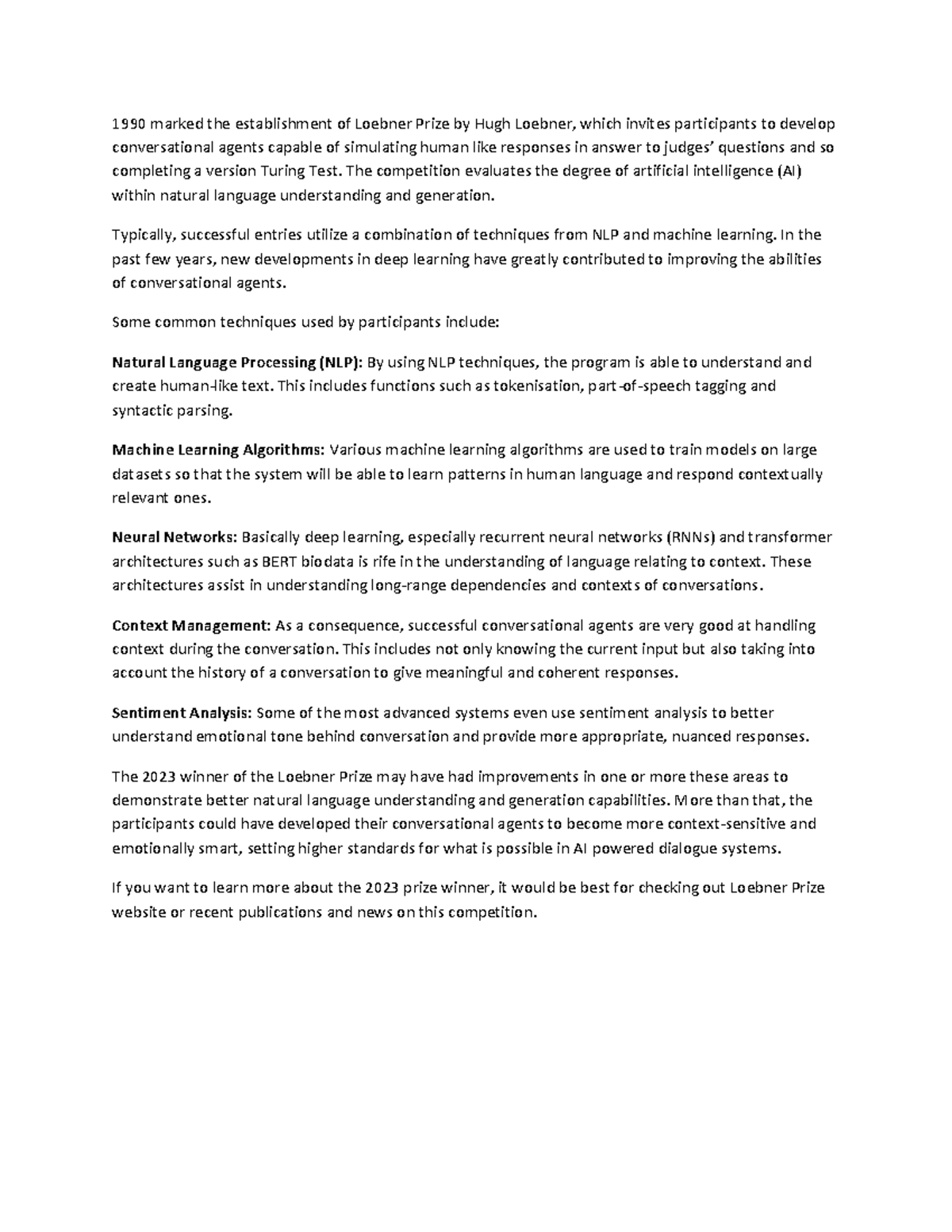 Answer-1 - sds - 1990 marked the establishment of Loebner Prize by Hugh ...