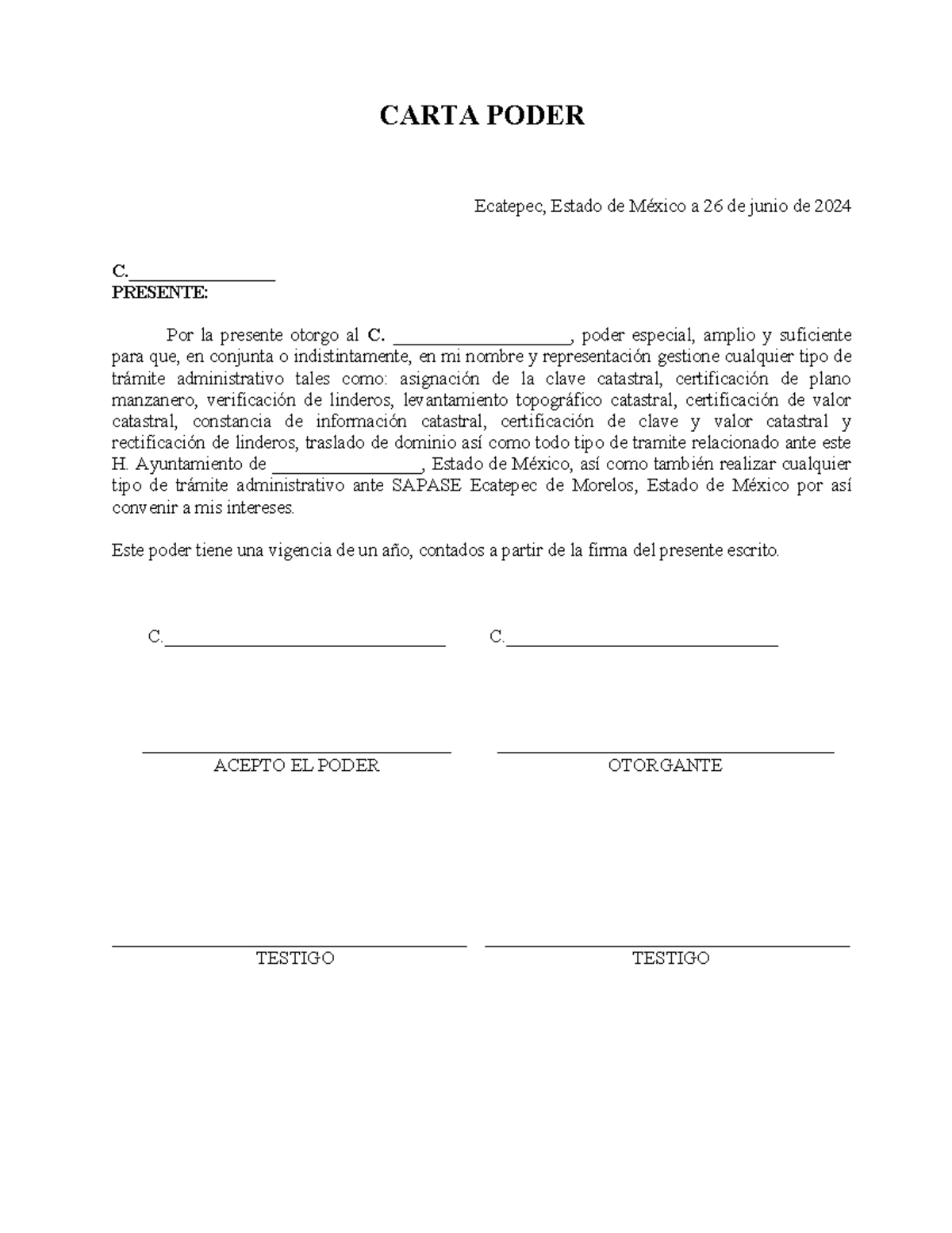 Carta Poder - CARTA PODER Ecatepec, Estado de México a 26 de junio de ...