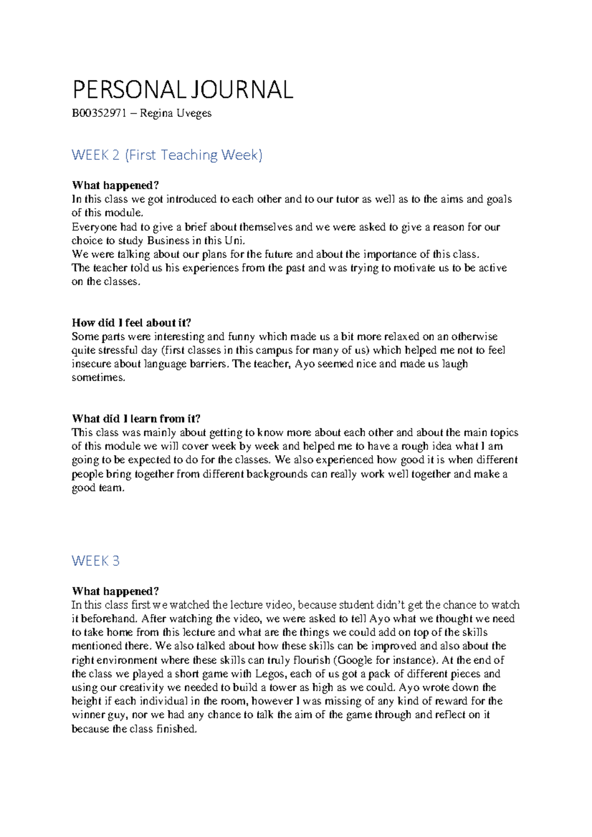 Individual Journal - PERSONAL JOURNAL B00352971 – Regina Uveges WEEK 2 ...