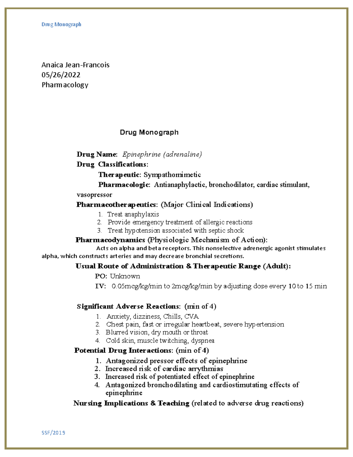 Drug Monograhs-2019 (1) finish - Drug Monograph Anaica Jean-Francois 05 ...