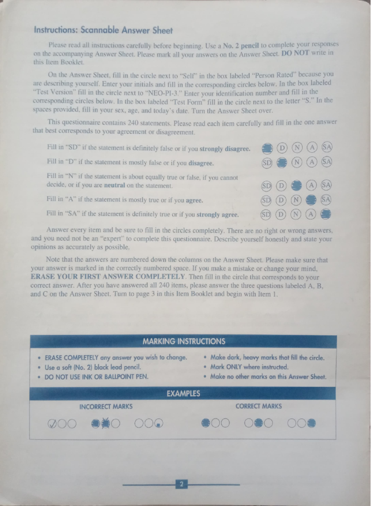 NEO- PI - Neo pi scale - Instructions: Scannable Answer Sheet full befo ...