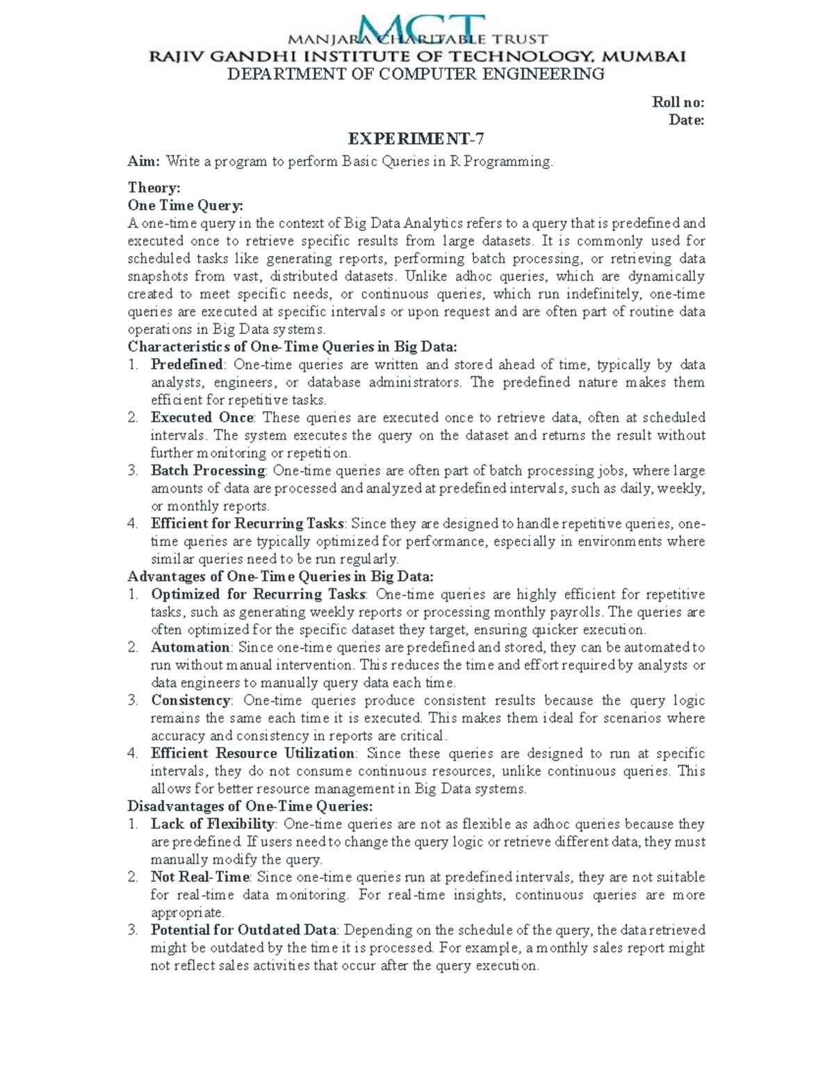 Exp7 theory - DEPARTMENT OF COMPUTER ENGINEERING Roll no: Date: EXPERIMENT- Aim: Write a program ...