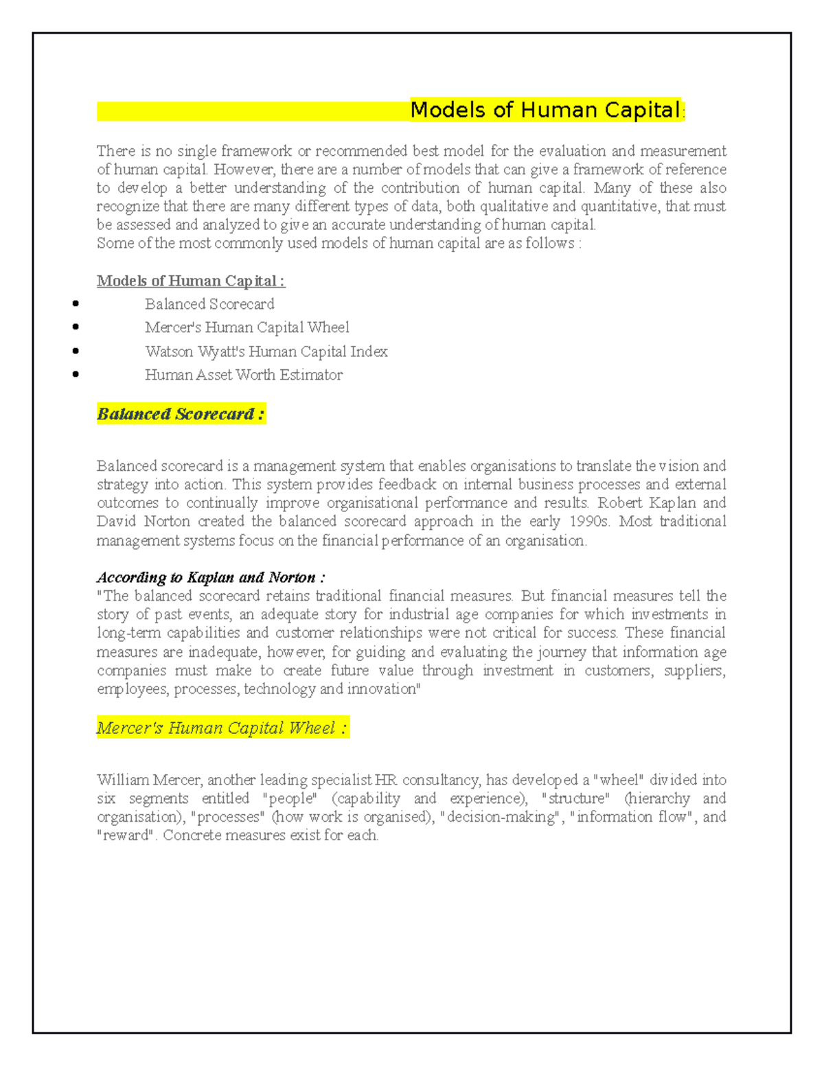 HCM - HCM NOTES - Models of Human Capital: There is no single framework ...