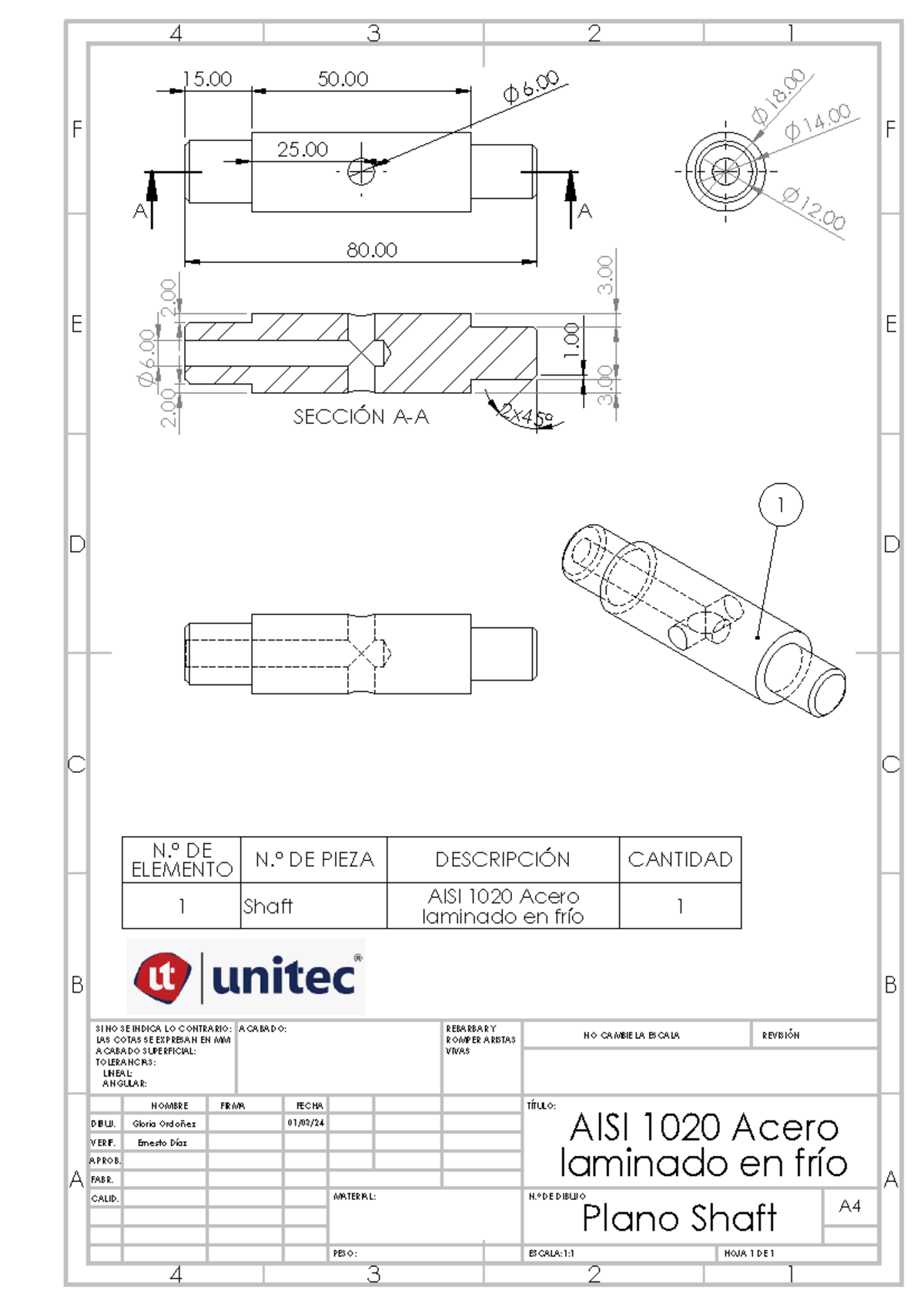 Plano Shaft - 80. 15 50. 6. 25. A A 18. 14. 12. 1 1. 6. 2x45° 3. 3. 2 ...