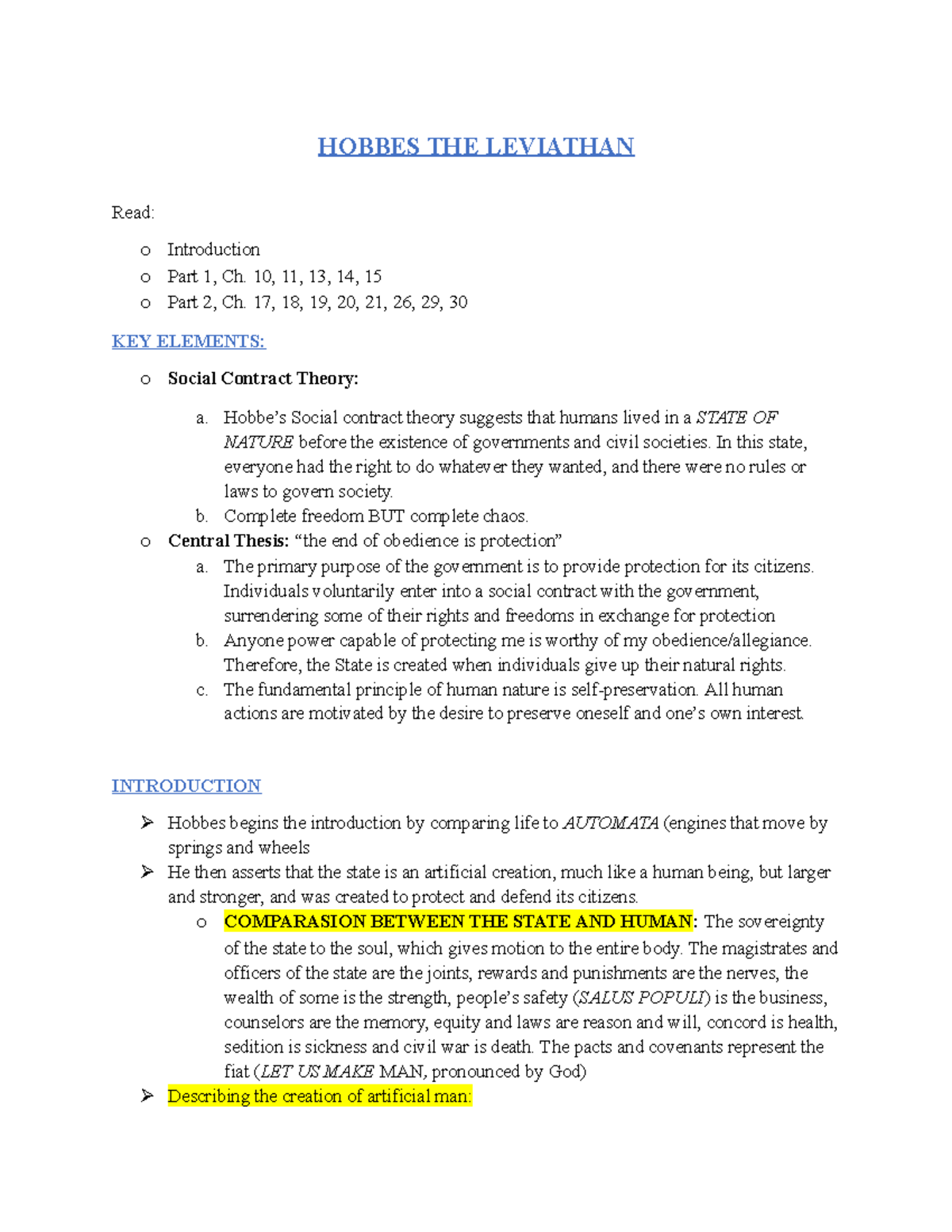 Hobbes the Leviathan Introduction - HOBBES THE LEVIATHAN Read: o ...
