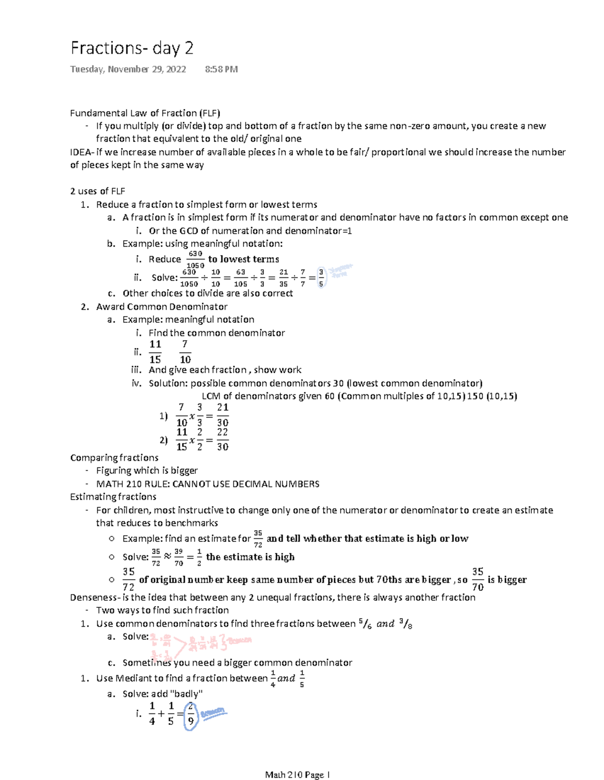 Fractions- day 2 - more fraction notes - math 210 - Slippery Rock ...